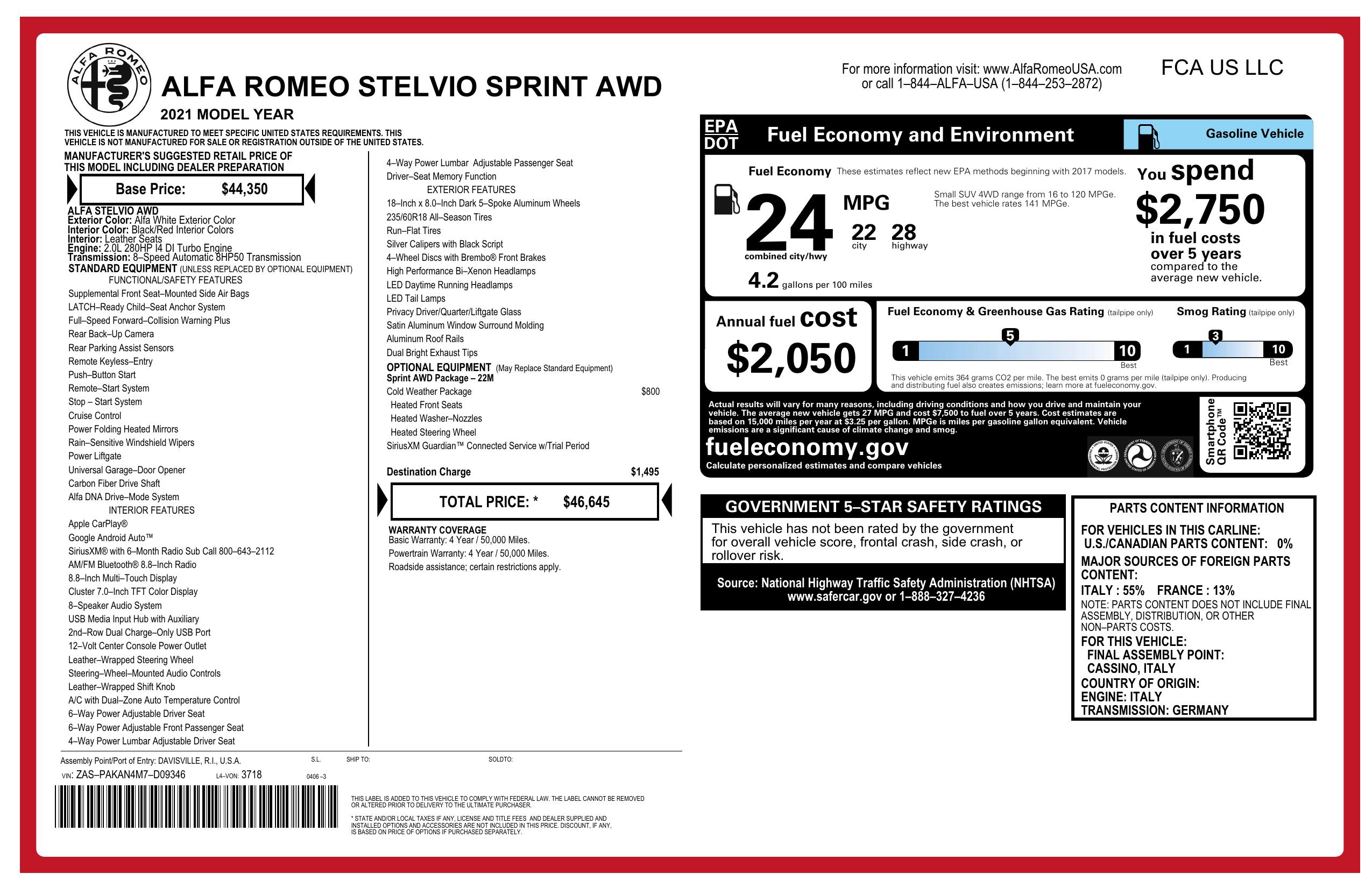 Window Sticker for 2021 Alfa Romeo Stelvio Awd