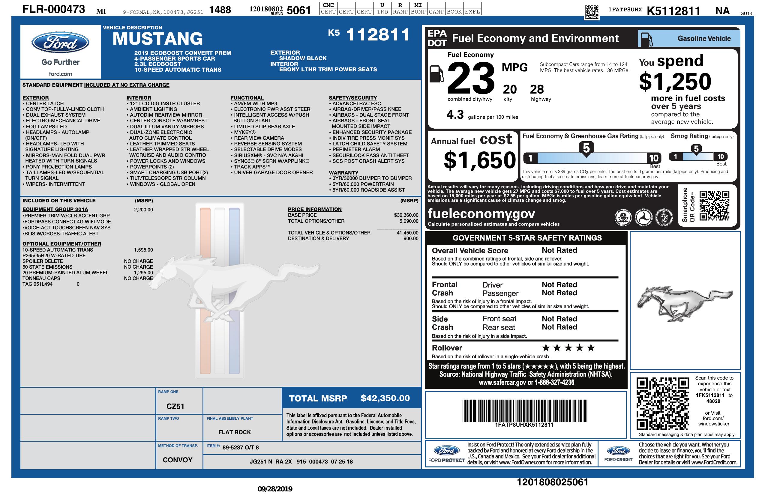 Window Sticker for 2019 Ford Mustang Eco Boost Convertible