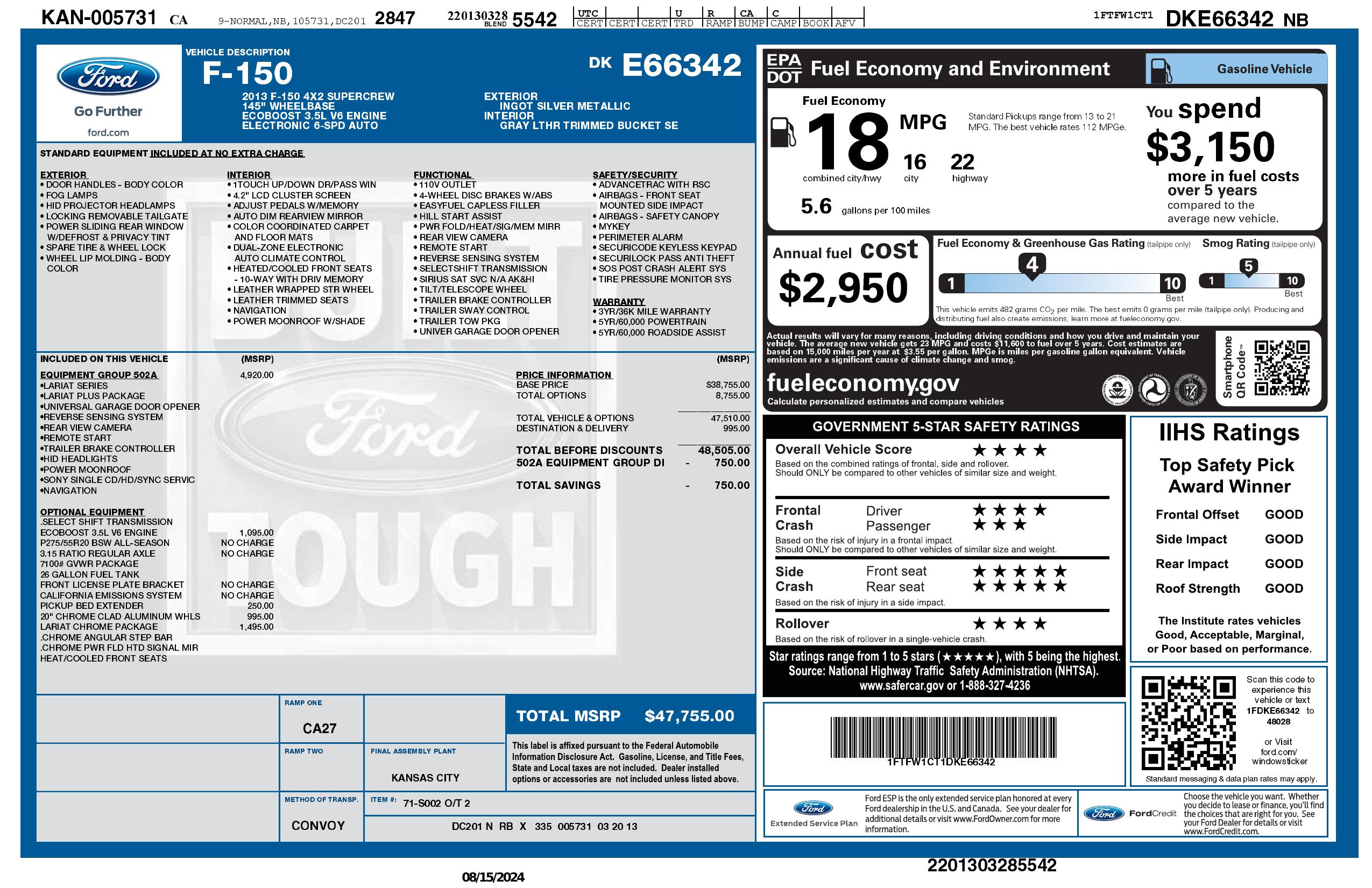 Window Sticker for 2013 Ford F 150 2 Wd Super Crew