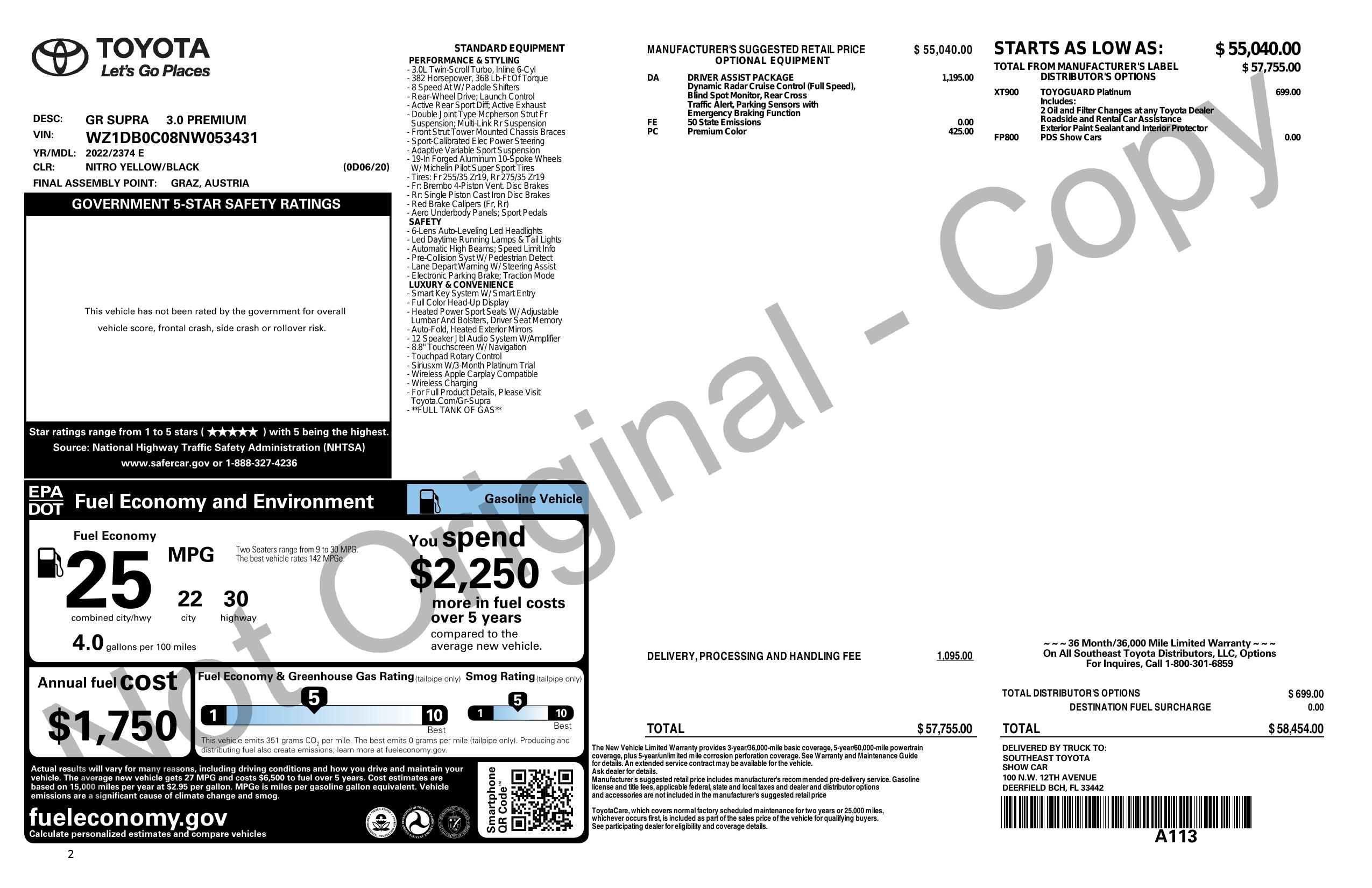 Window Sticker for 2022 Toyota Gr Supra Auto (Natl)