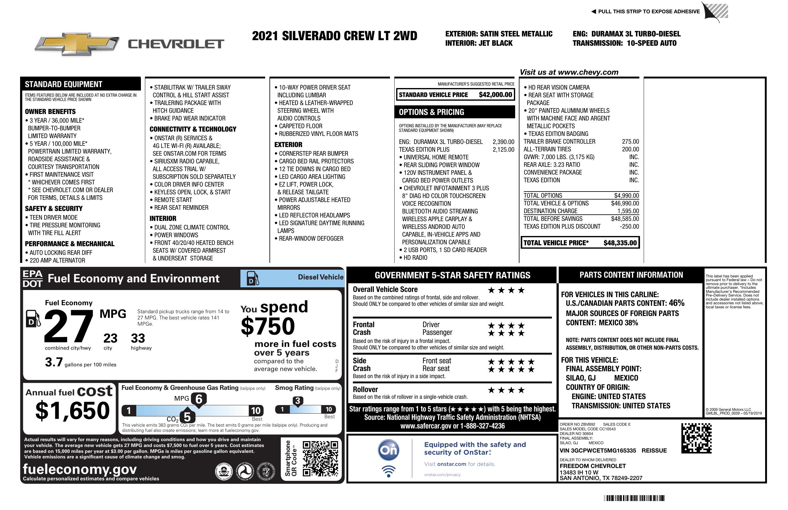 Window Sticker for 2021 Chevrolet Silverado 1500 2 Wd Crew Cab 147" Lt