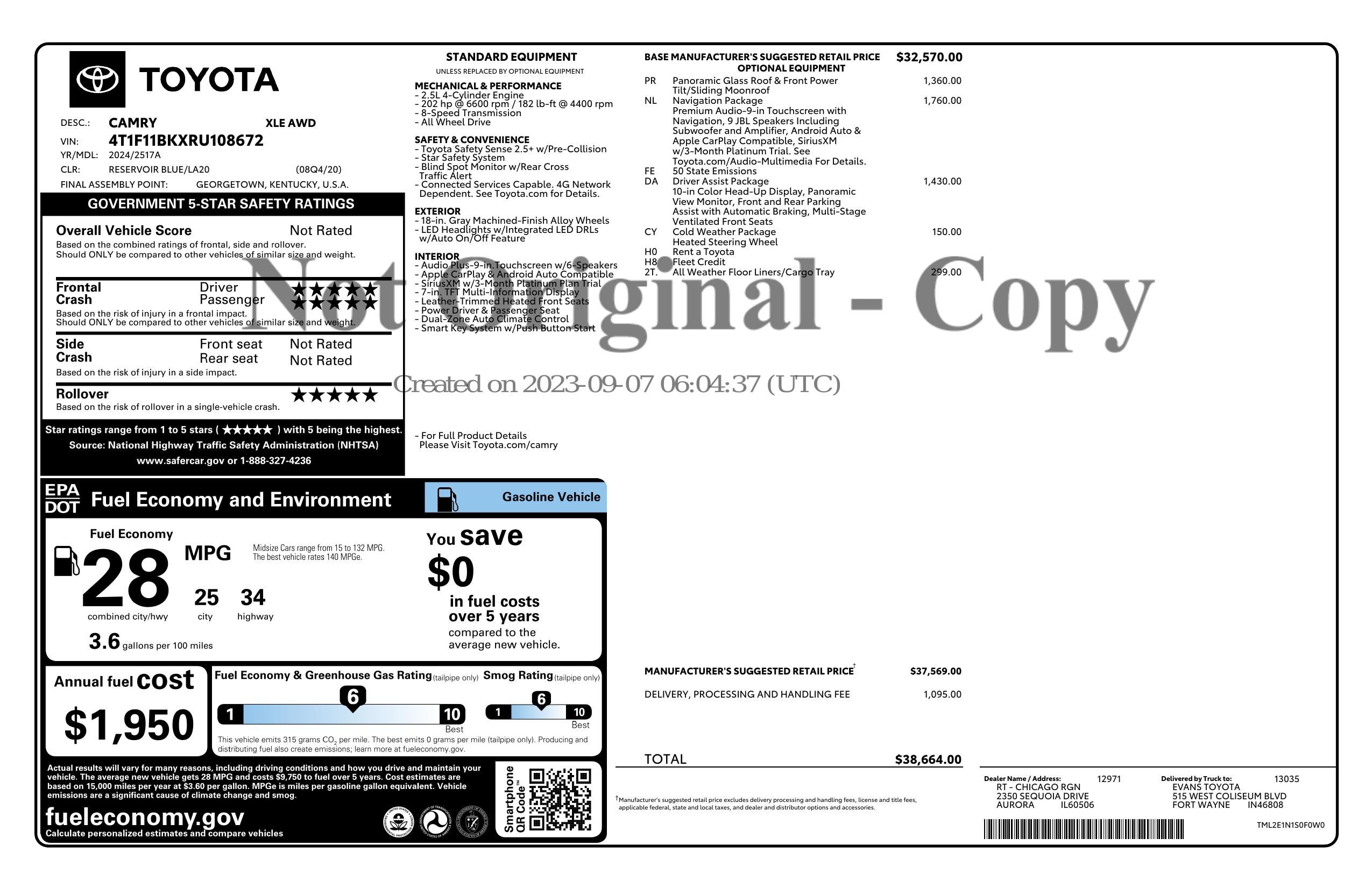 Window Sticker for 2024 Toyota Camry Xle Auto Awd (Natl)