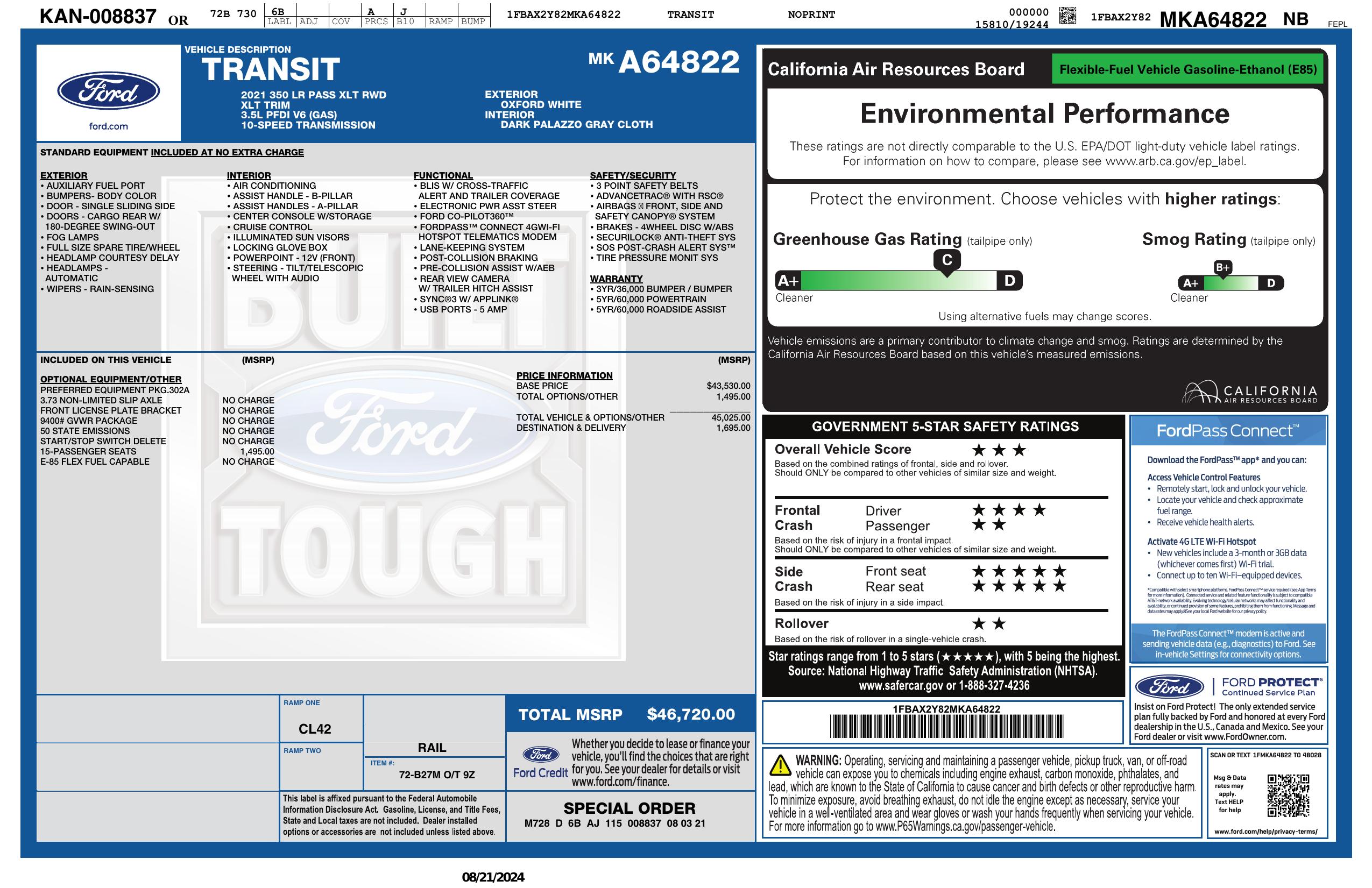 Window Sticker for 2021 Ford Transit Passenger Wagon T 350 148" Low ...