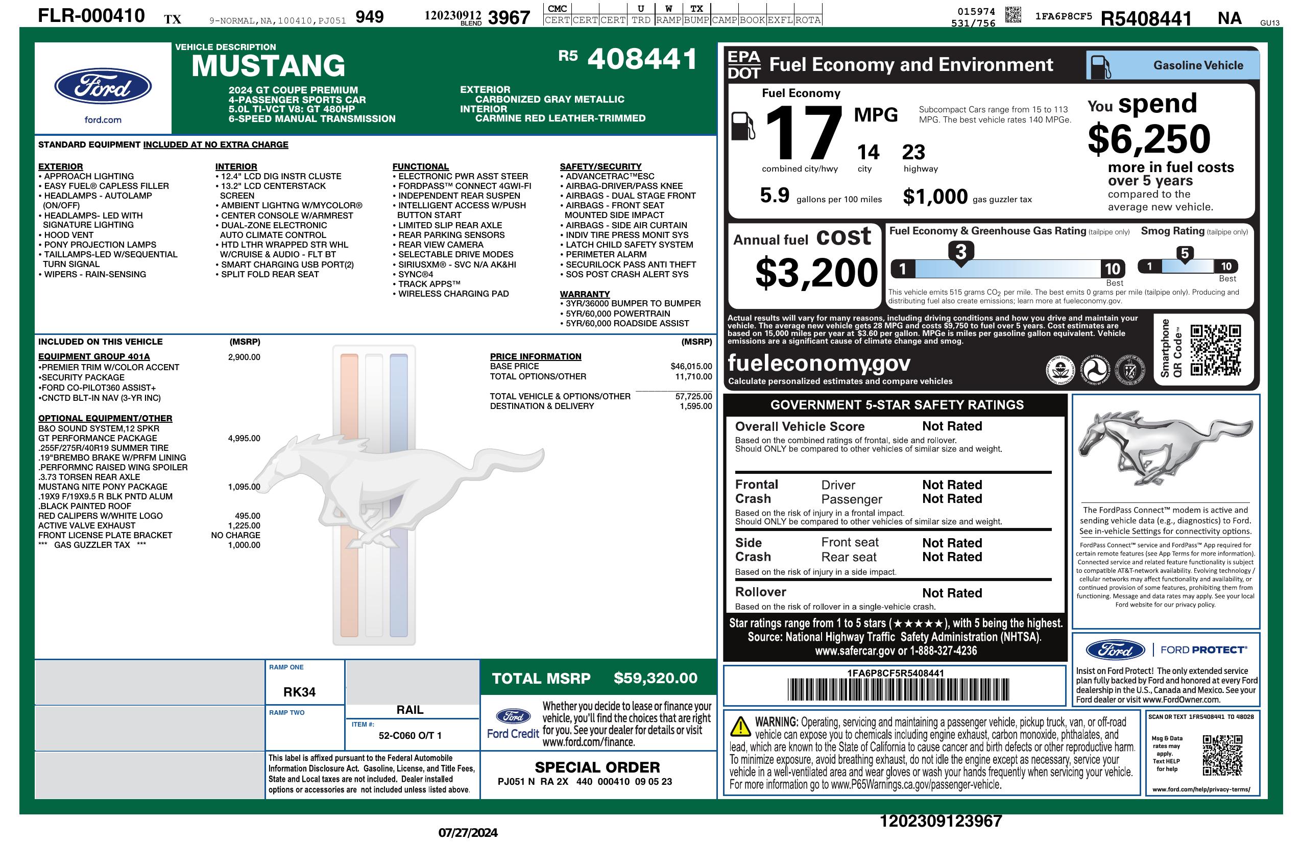 Window Sticker for 2024 Ford Mustang Gt Fastback