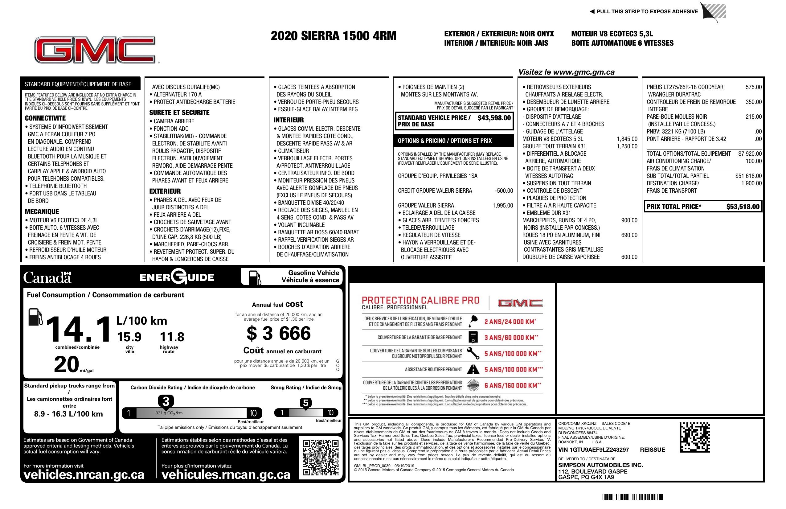 Window Sticker for 2020 GMC Sierra 1500 4 Wd Crew Cab