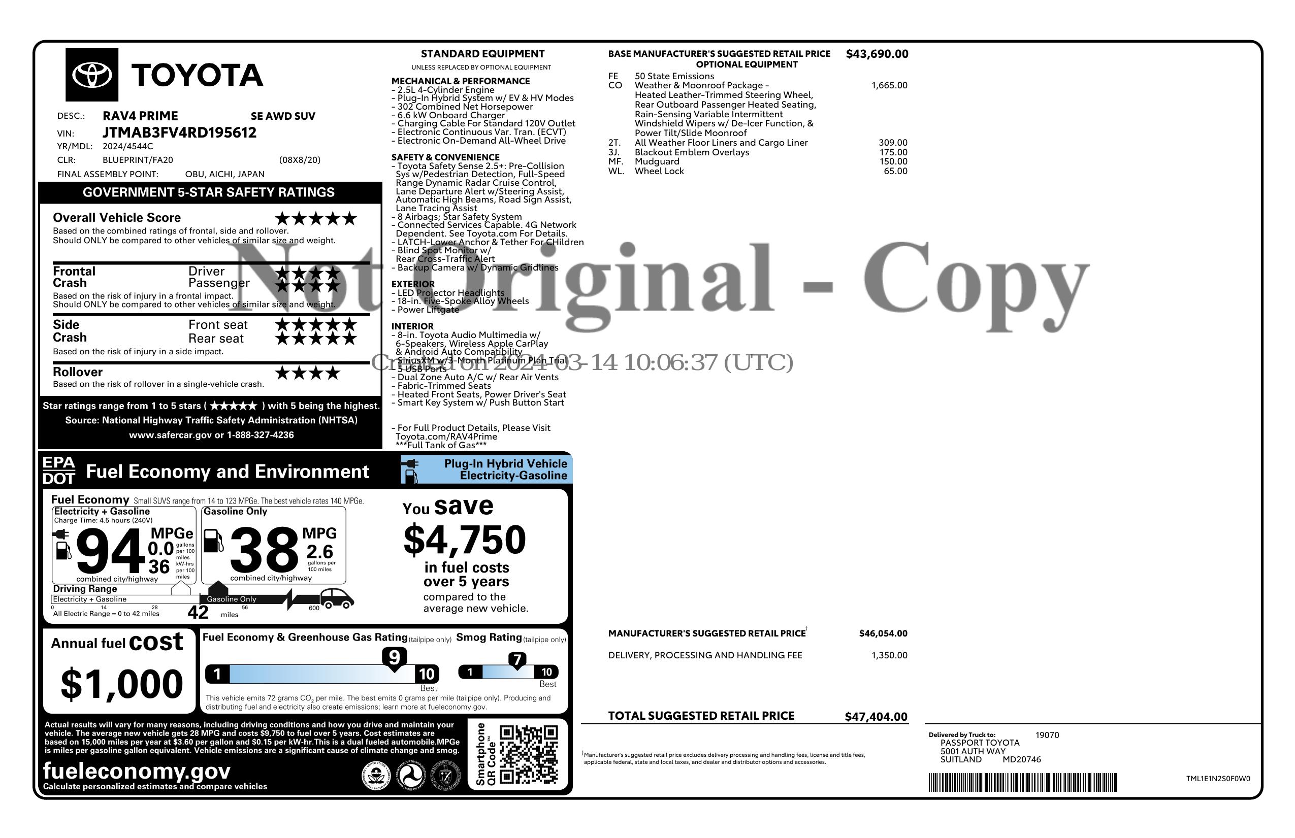 Window Sticker for 2024 Toyota Rav4 Prime Se (Natl)