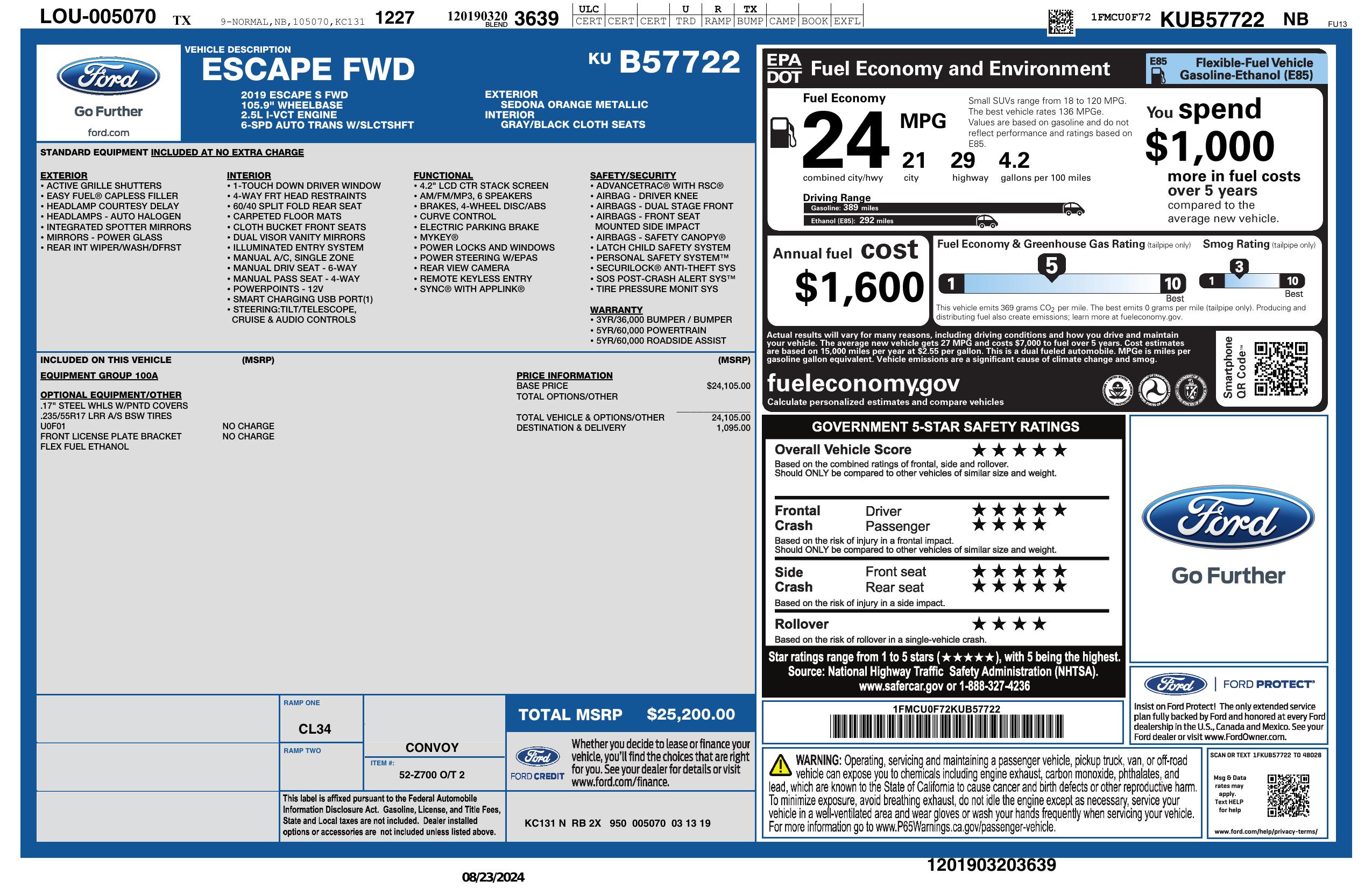 Window Sticker for 2019 Ford Escape S Fwd