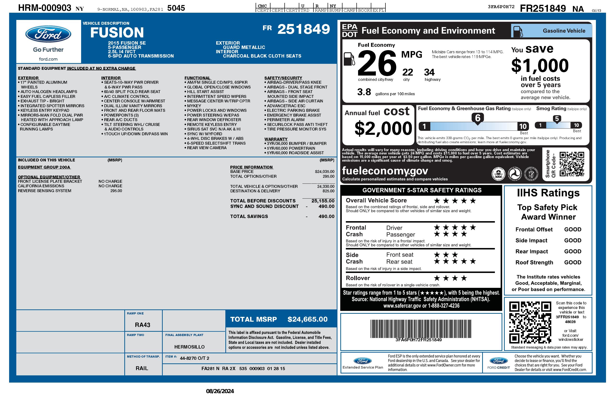 Window Sticker for 2015 Ford Fusion 4dr Sdn Se Fwd
