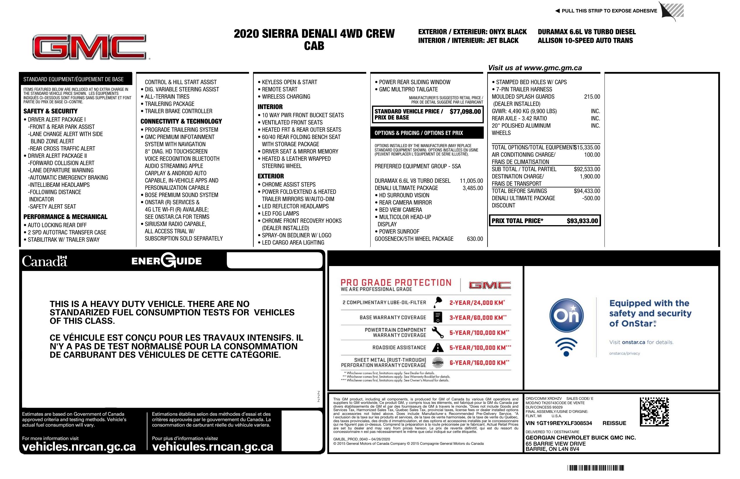 Window Sticker for 2020 GMC Sierra 2500 Hd 4 Wd Crew Cab Denali