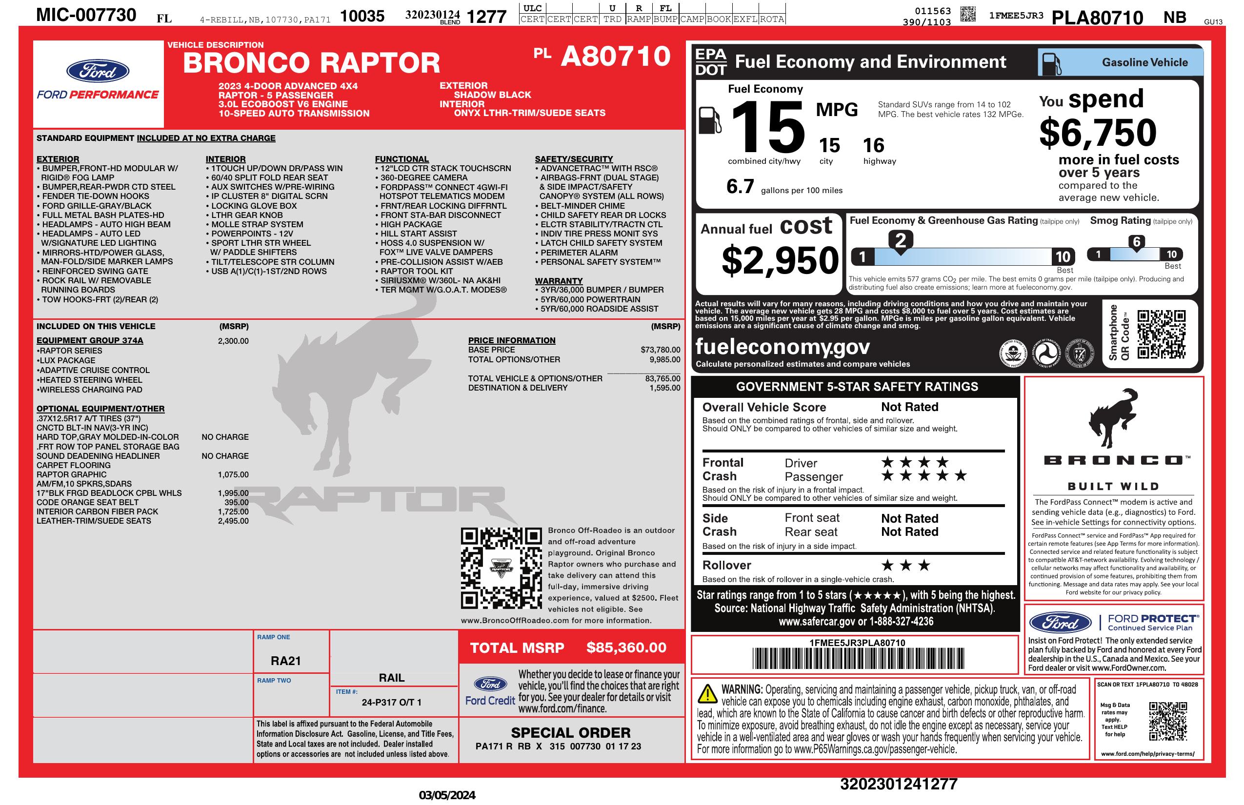 Window Sticker for 2023 Ford Bronco Raptor 4 Door Advanced 4x4