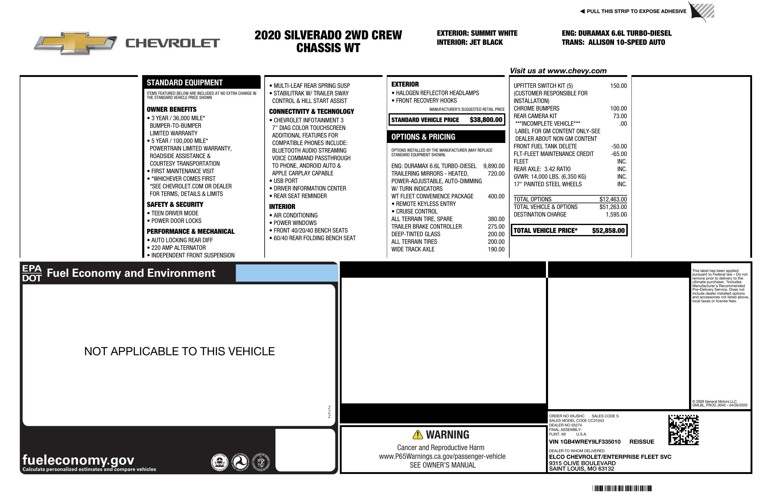 Window Sticker for 2020 Chevrolet Silverado 3500 Hd Cc 2 Wd Crew Cab ...