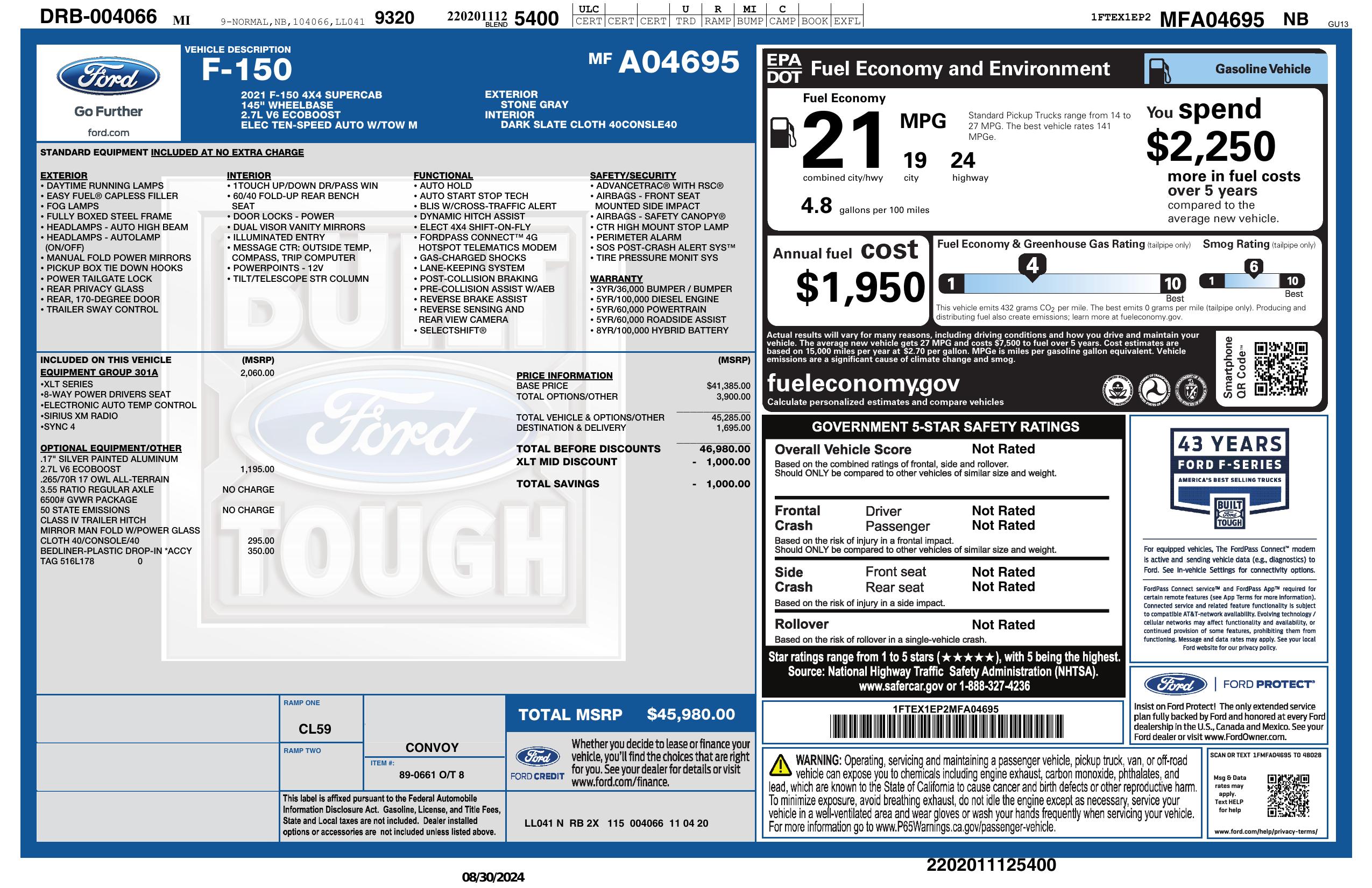 Window Sticker for 2021 Ford F 150 4 Wd Super Cab 6.5' Box