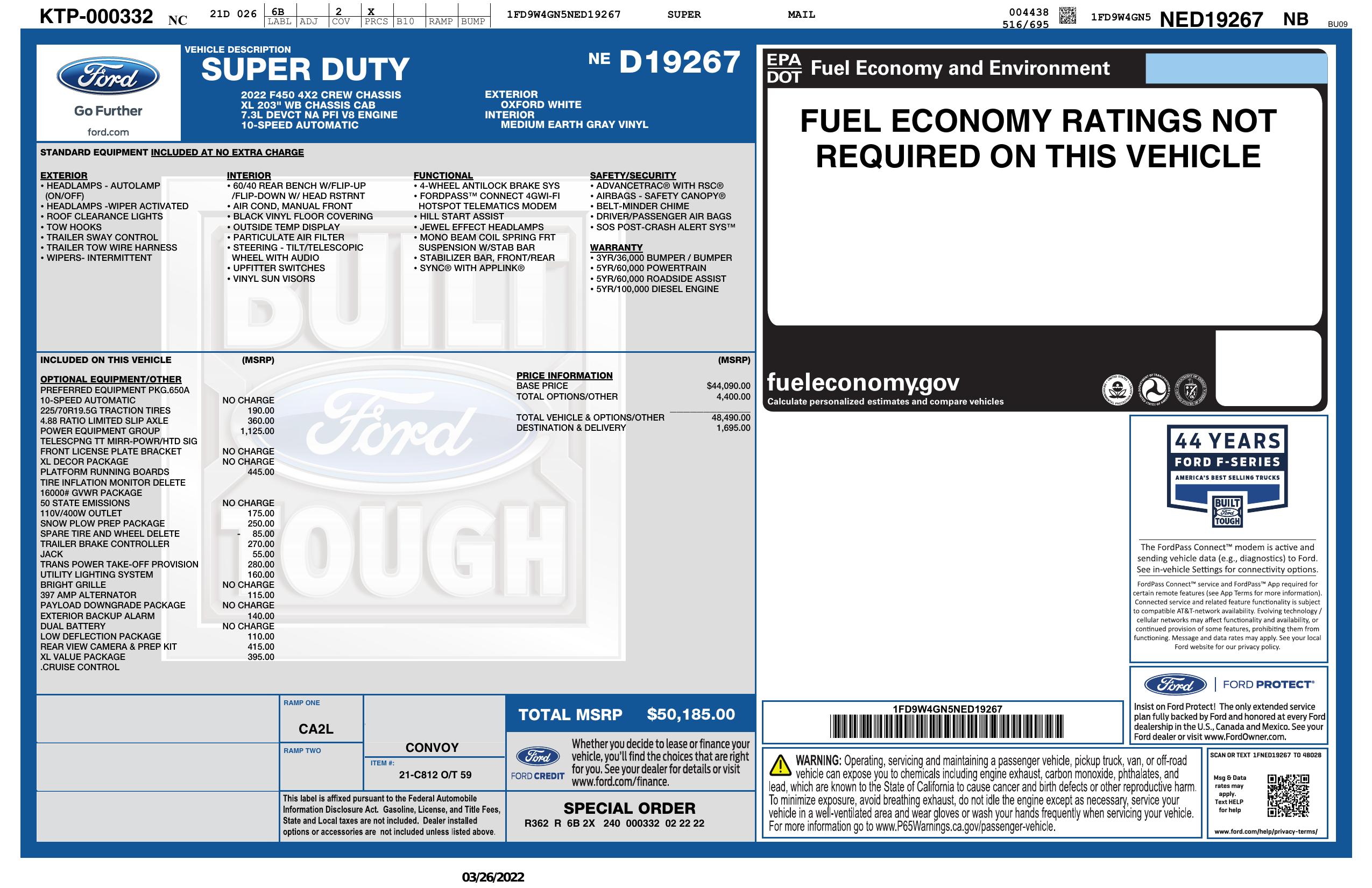 Window Sticker for 2022 Ford Super Duty F 450 Drw 2 Wd Crew Cab Wb Ca