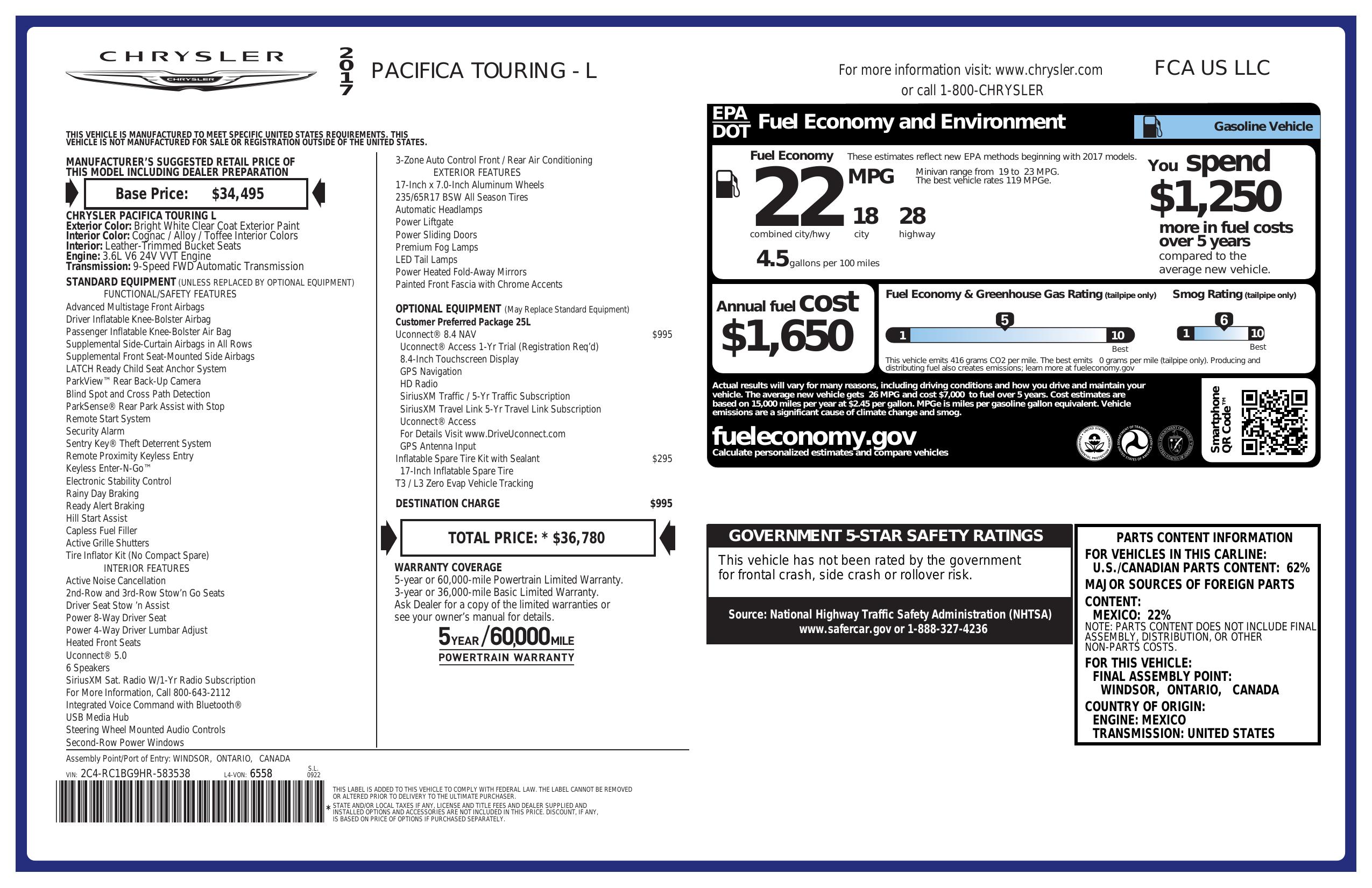 Window Sticker for 2017 Chrysler Pacifica Touring L Fwd