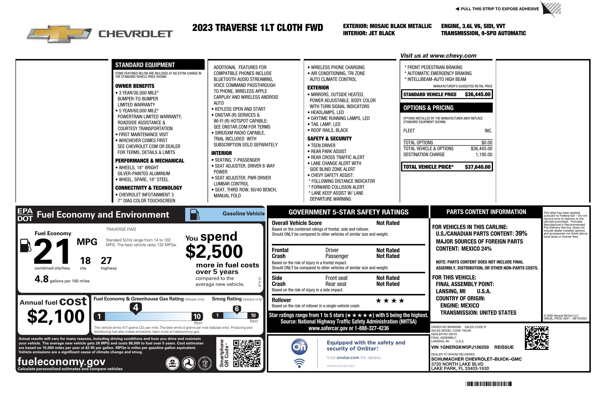 Window Sticker for 2023 Chevrolet Traverse Fwd 4dr Lt Cloth W/1 Lt