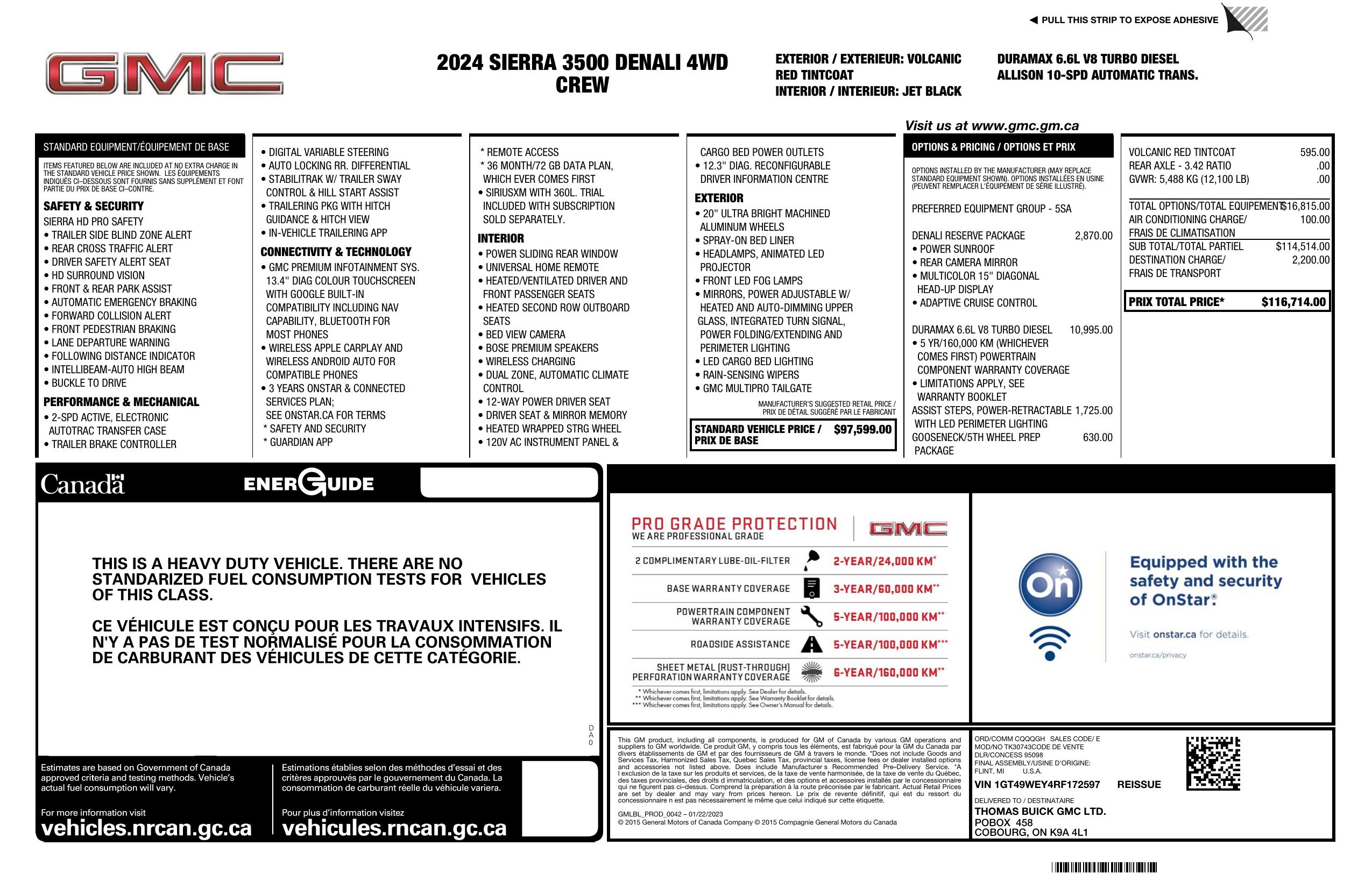 Window Sticker for 2024 GMC Sierra 3500 Hd 4 Wd Crew Cab Denali