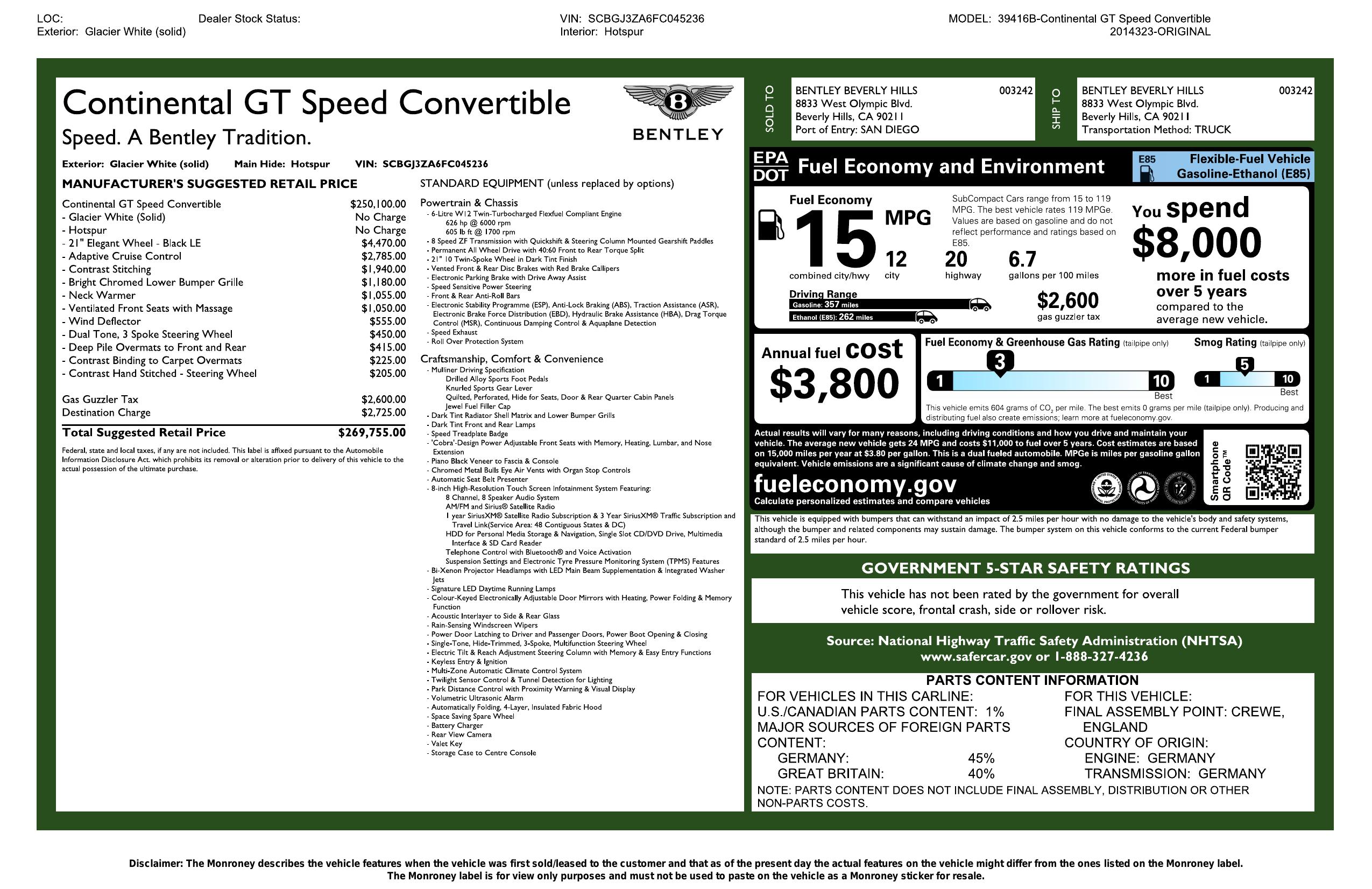 Window Sticker for 2015 Bentley Continental Gt Speed 2dr Conv