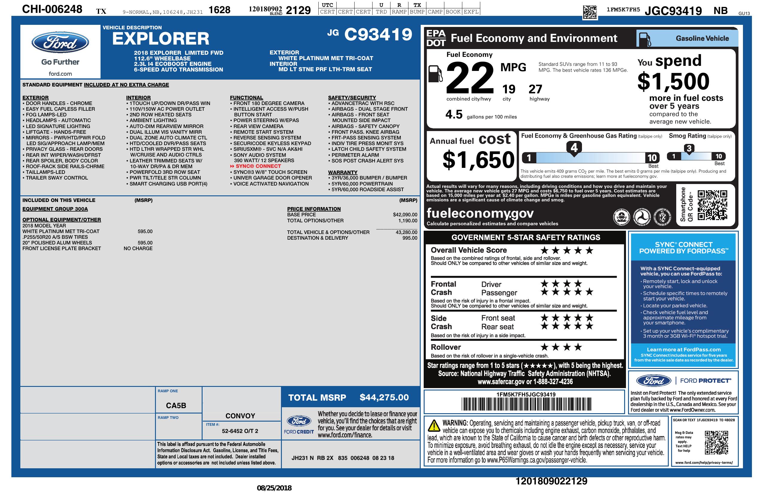 Window Sticker for 2018 Ford Explorer Limited 4dr Suv