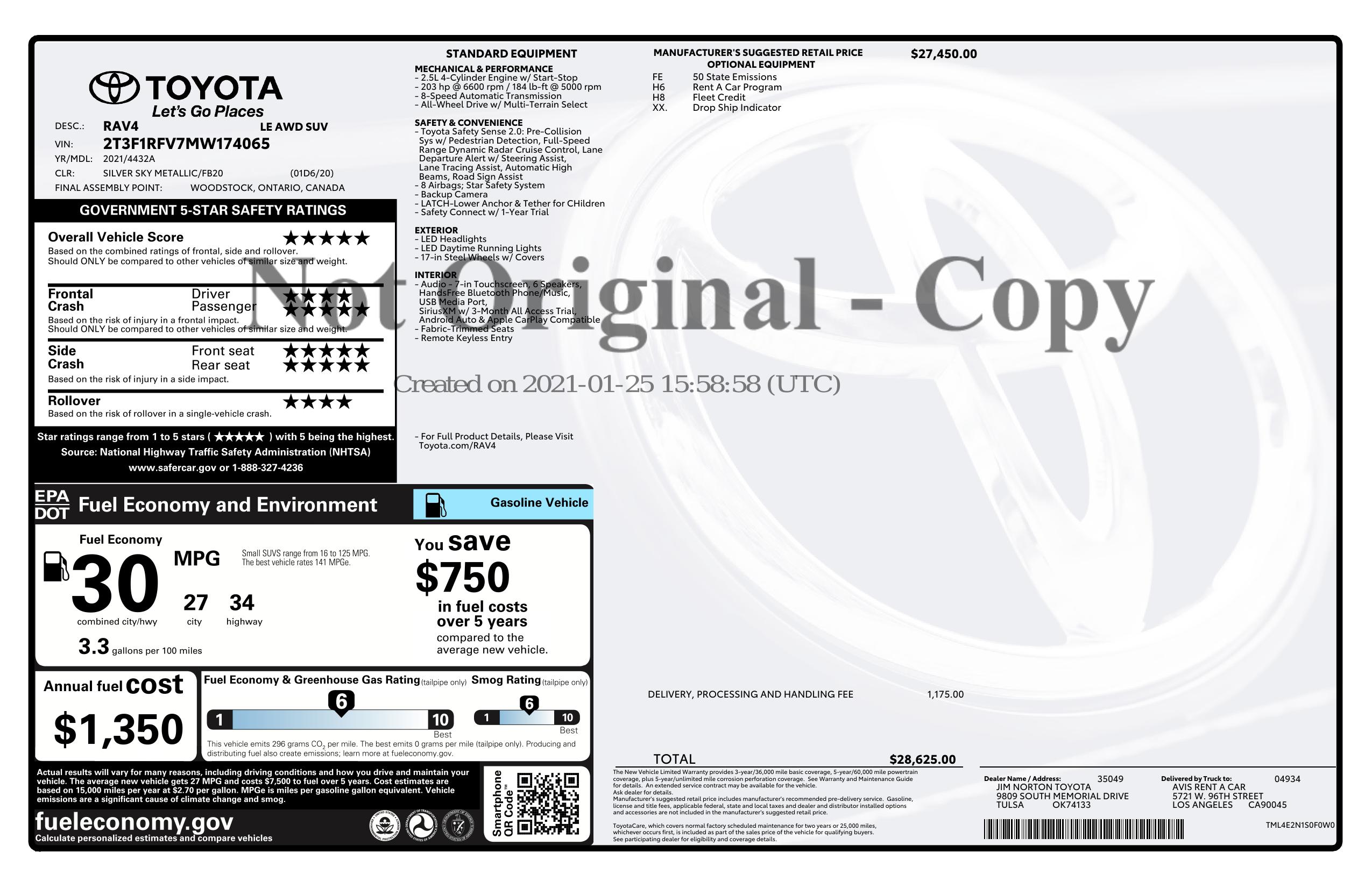 Window Sticker for 2021 Toyota Rav4 Le Awd (Natl)