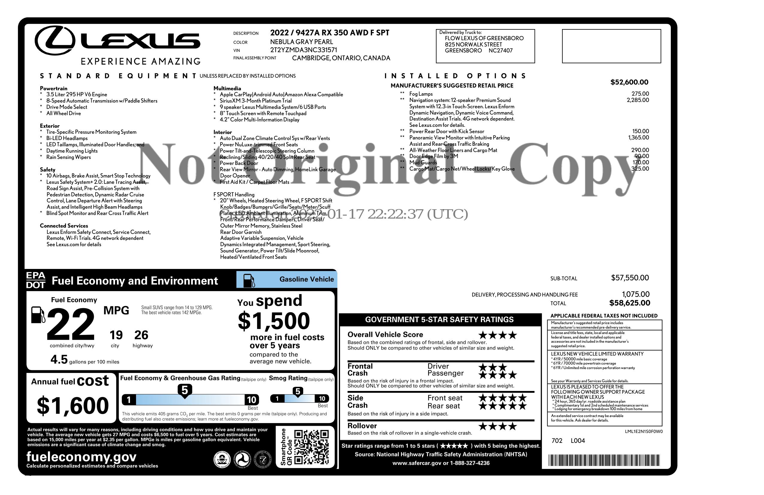 Window Sticker for 2022 Lexus Rx Rx 350 F Sport Handling Awd