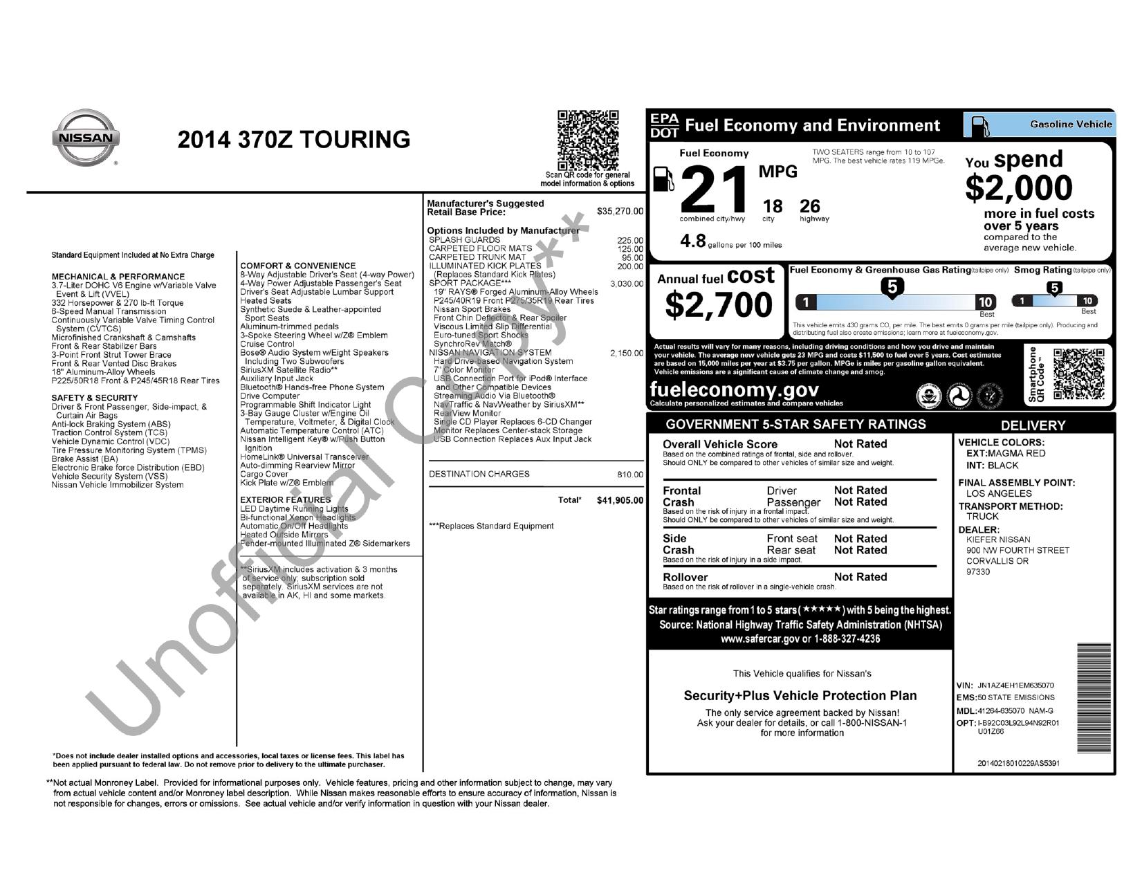 Window Sticker for 2014 Nissan 370 Z 2dr Cpe