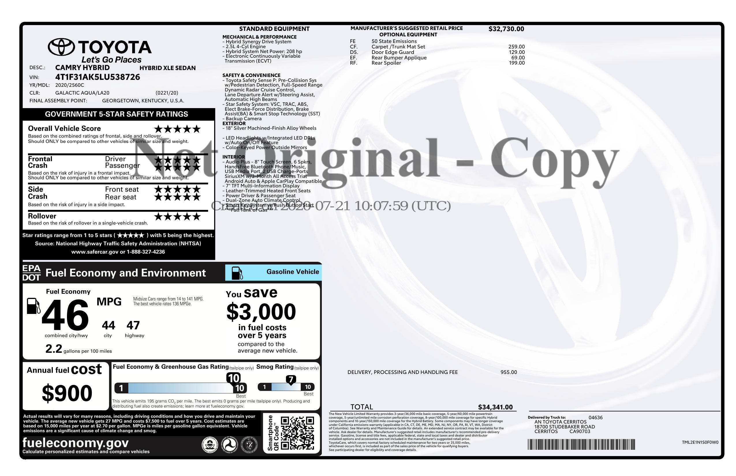 Window Sticker for 2020 Toyota Camry Hybrid Xle Cvt (Natl)