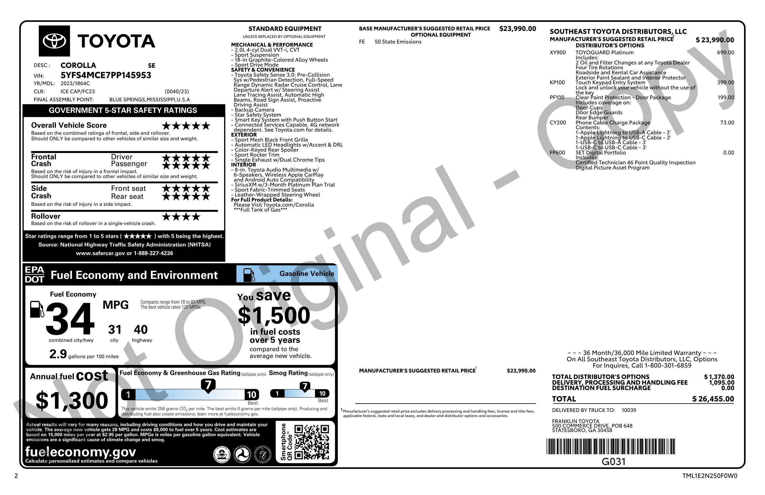 Window Sticker for 2023 Toyota Corolla Se Cvt (Natl)