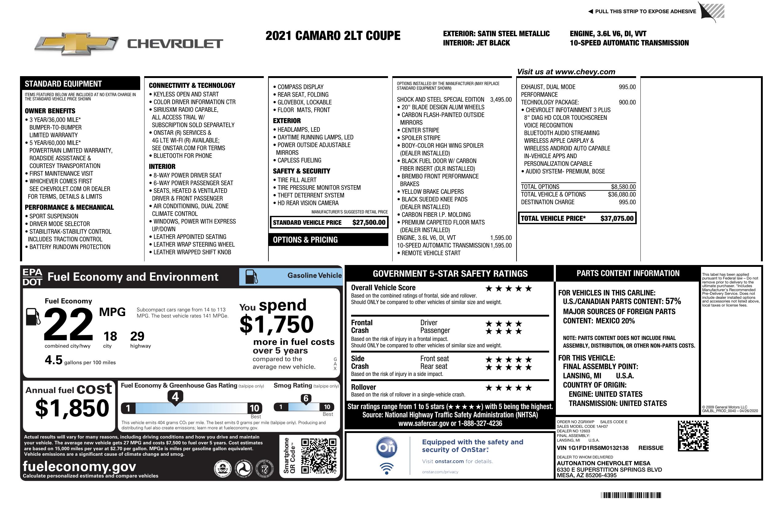 Window Sticker for 2021 Chevrolet Camaro 2dr Cpe 2 Lt