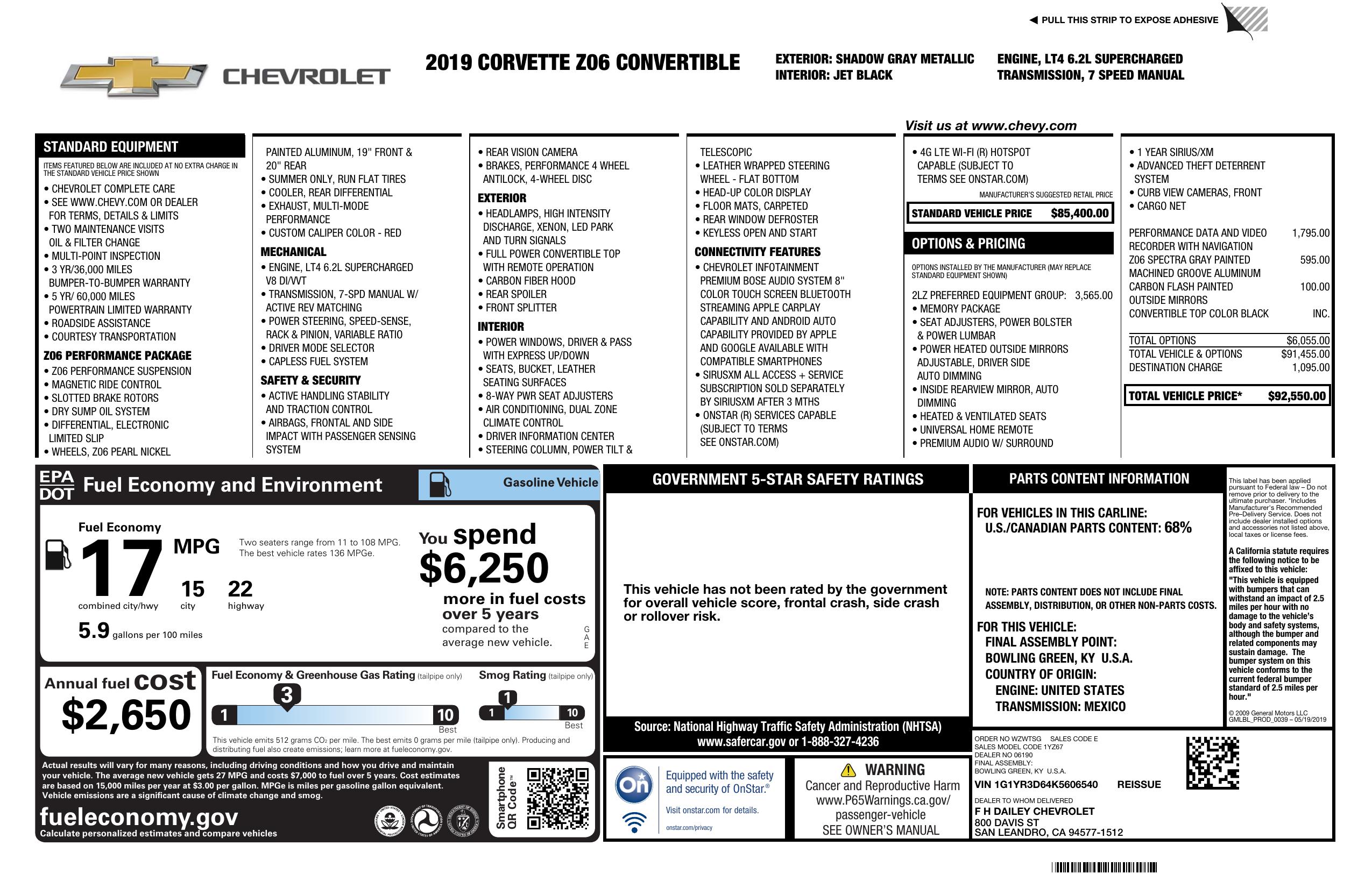 Window Sticker for 2019 Chevrolet Corvette 2dr Z06 Conv W/2 Lz