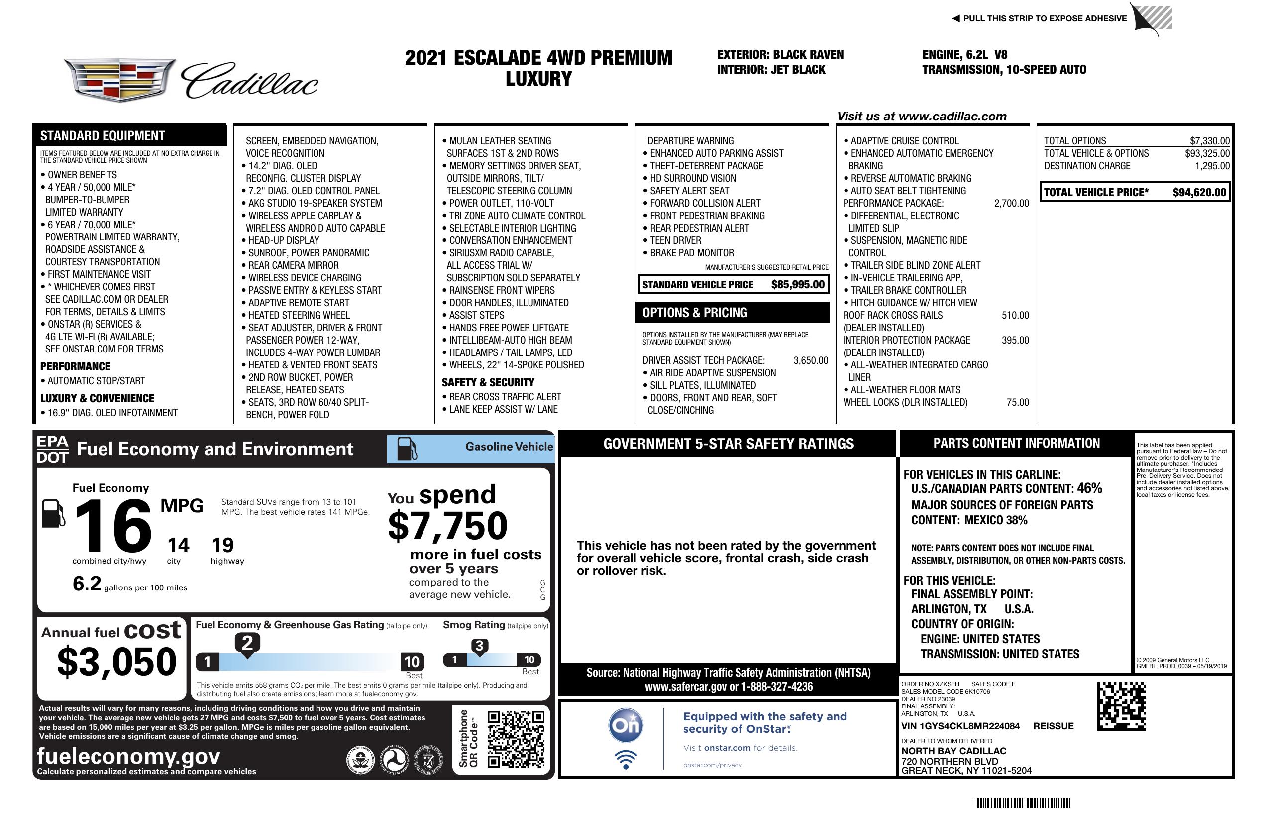 Window Sticker for 2021 Cadillac Escalade 4 Wd 4dr Premium Luxury