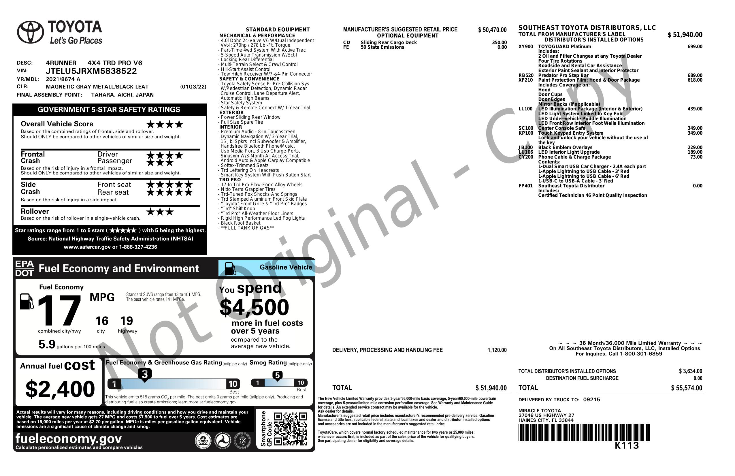 Window Sticker for 2021 Toyota 4 Runner Trd Pro 4 Wd (Natl)