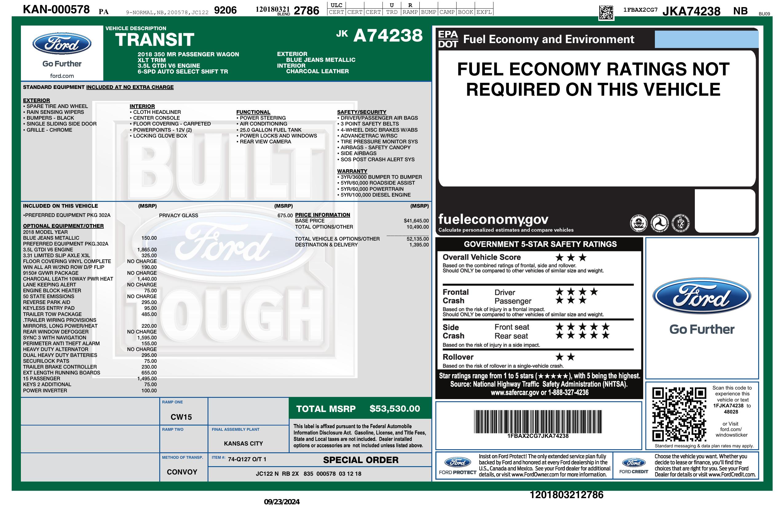 Window Sticker for 2018 Ford Transit Passenger Wagon 350 Xlt 3dr Lwb ...