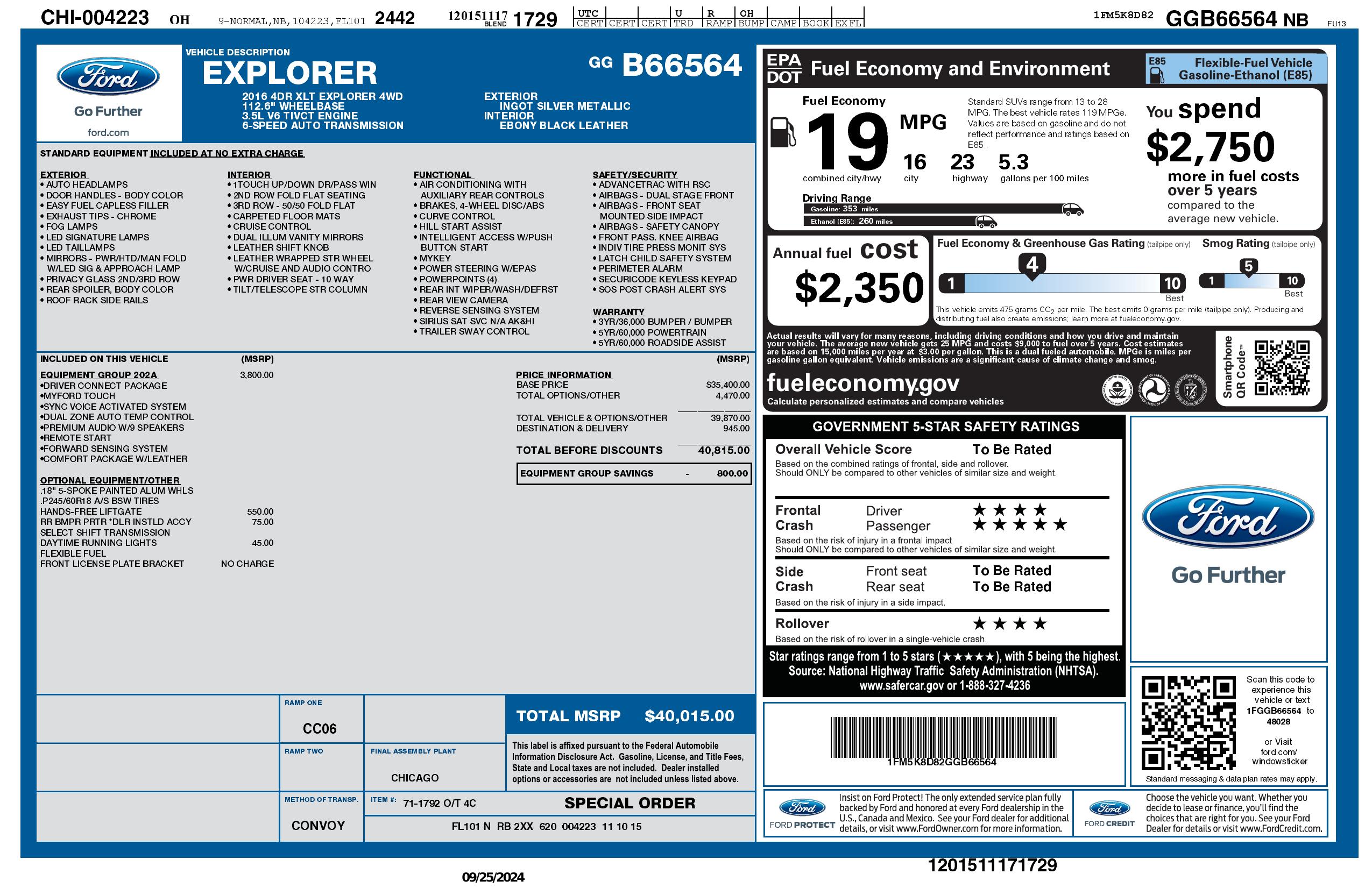 Window Sticker for 2016 Ford Explorer 4 Wd 4dr Xlt