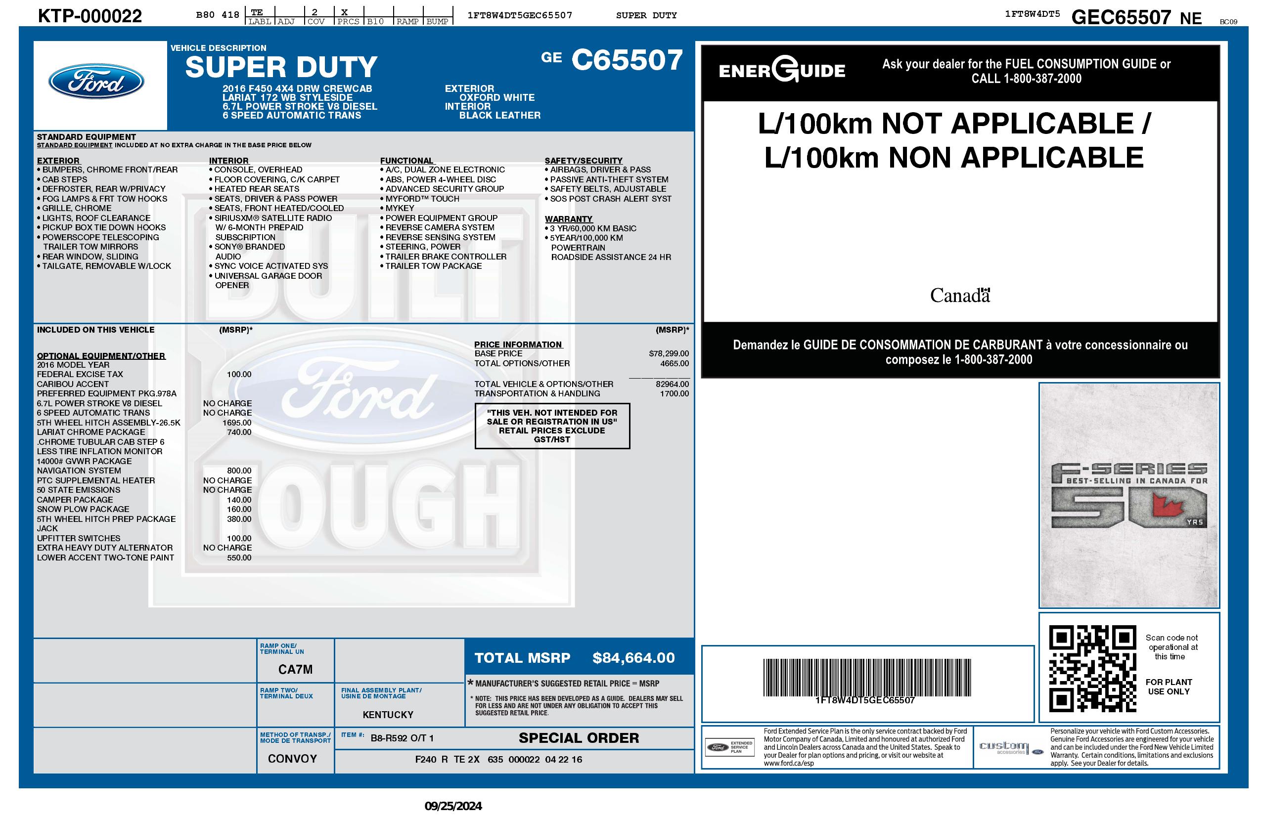 Window Sticker for 2016 Ford Super Duty F 450 Drw 4 Wd Crew Cab 172"