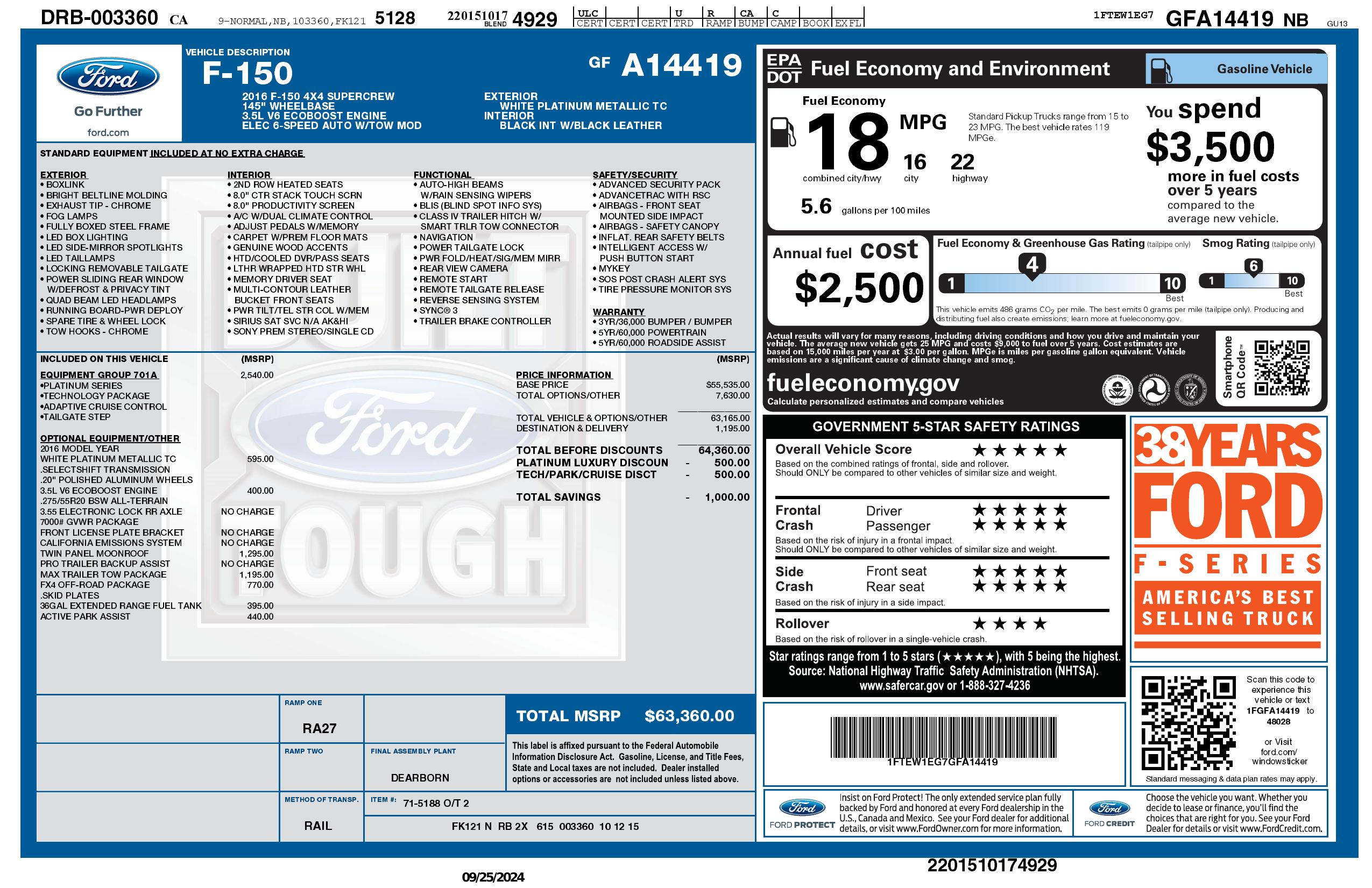 Window Sticker for 2016 Ford F 150 4x4 Platinum 4dr Super Crew 5.5 Ft. Sb