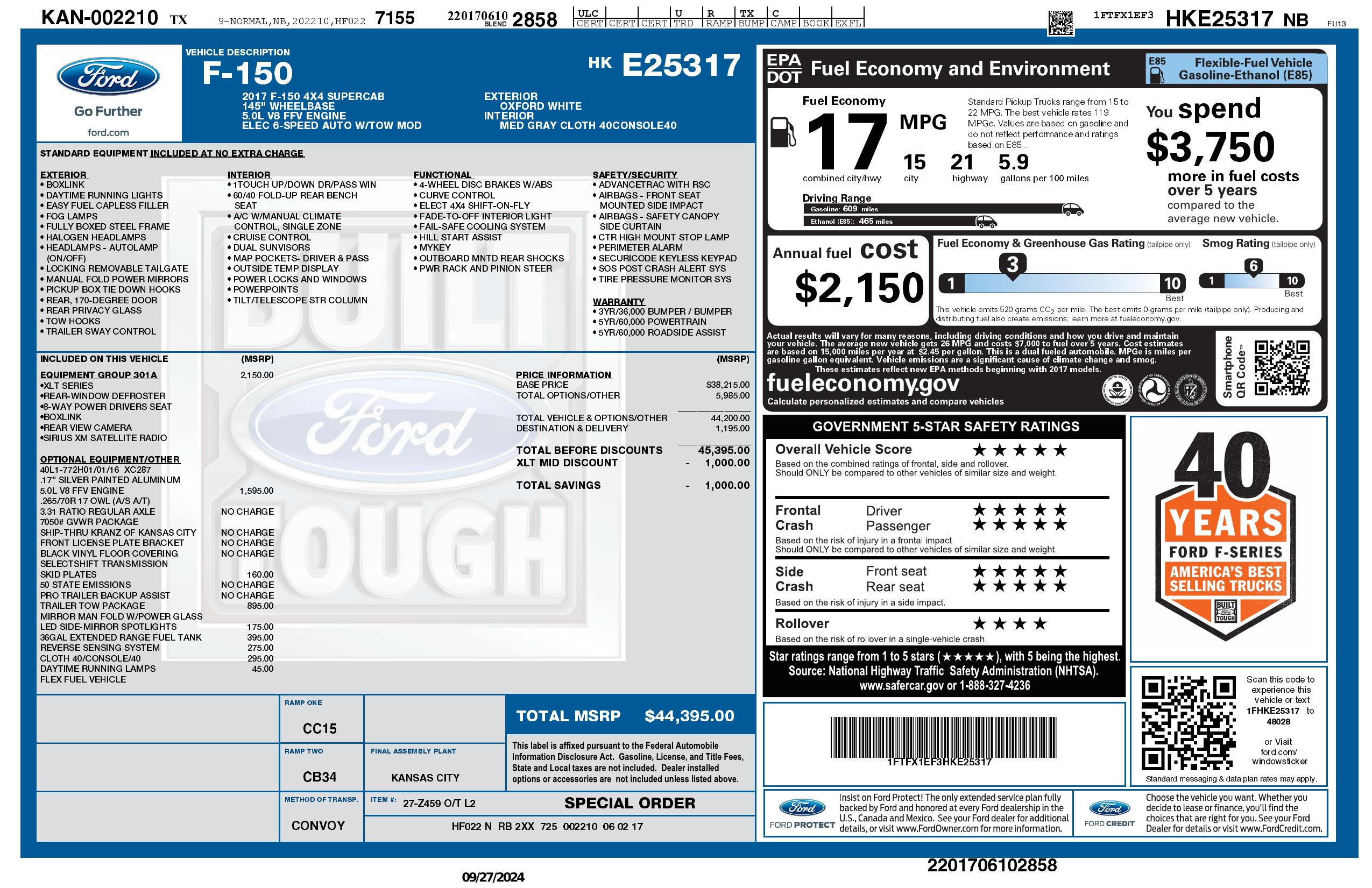 Window Sticker for 2017 Ford F 150 4 Wd Super Cab Box