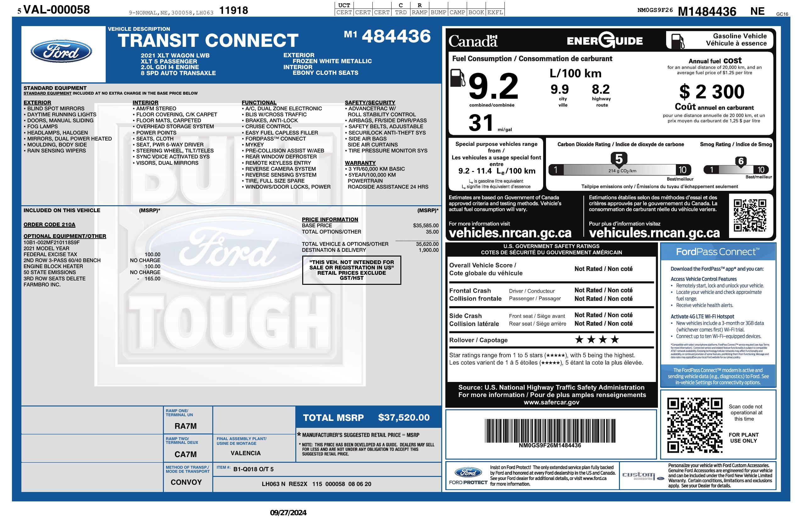 Window Sticker for 2021 Ford Transit Connect Wagon Xlt Lwb W/Rear ...