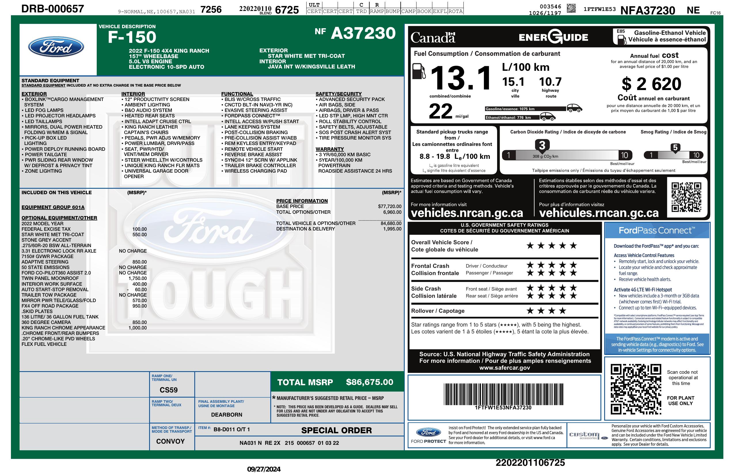 Window Sticker for 2022 Ford F 150 4 Wd Super Crew Box