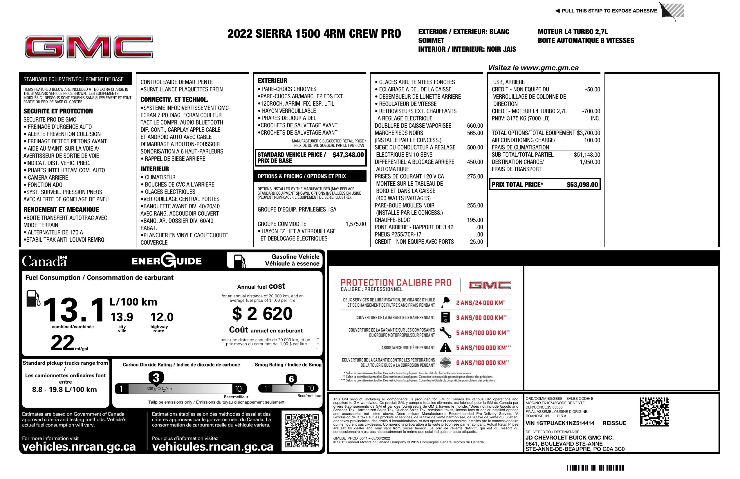 Window Sticker for 2022 GMC Sierra 1500 4 Wd Crew Cab Pro