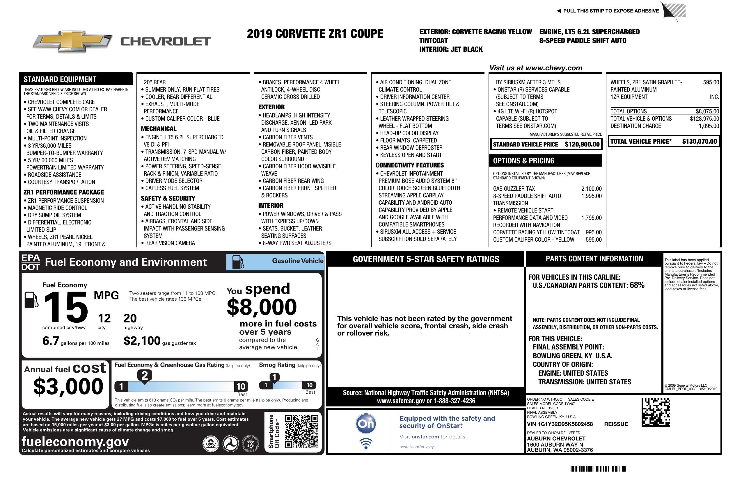 Window Sticker for 2019 Chevrolet Corvette 2dr Zr1 Cpe W/1 Zr