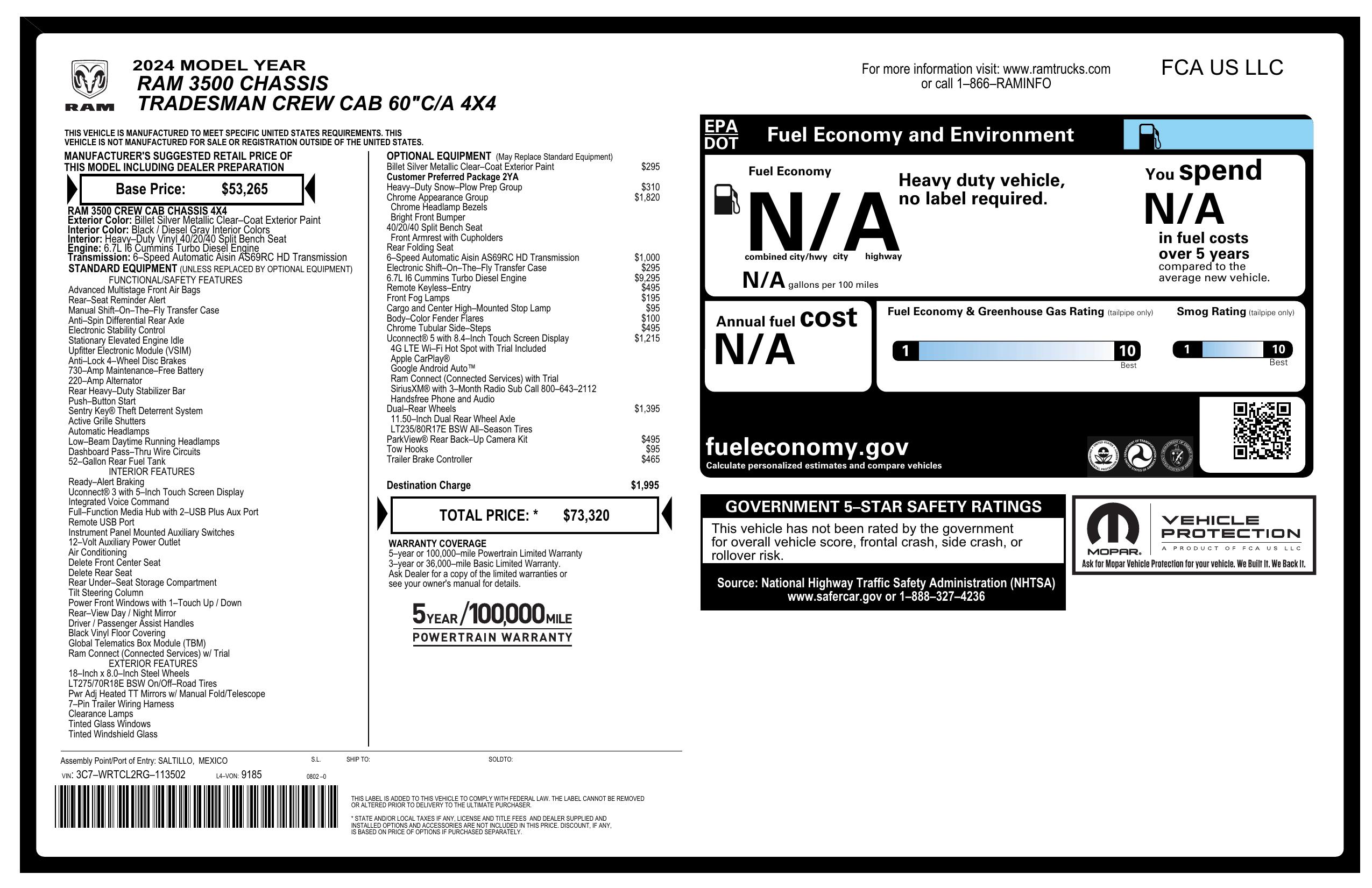 Window Sticker for 2024 Ram 3500 Chassis Cab Tradesman 4 Wd Crew Cab 60 ...