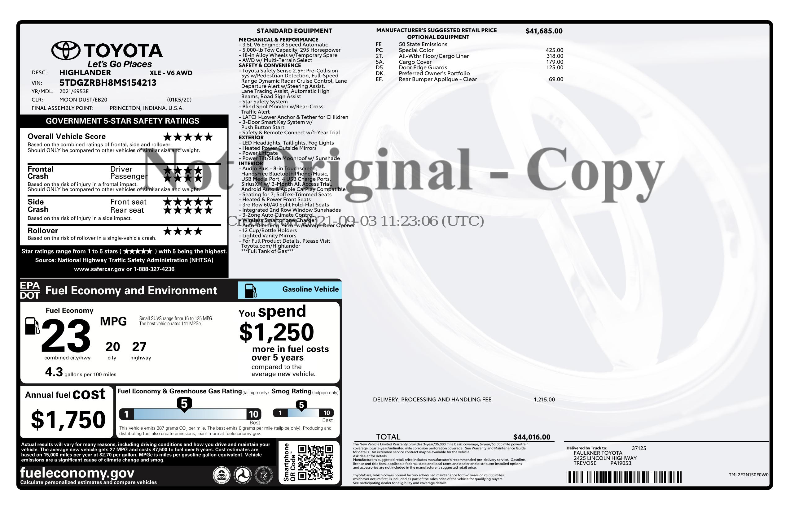 Window Sticker for 2021 Toyota Highlander Xle Awd (Natl)