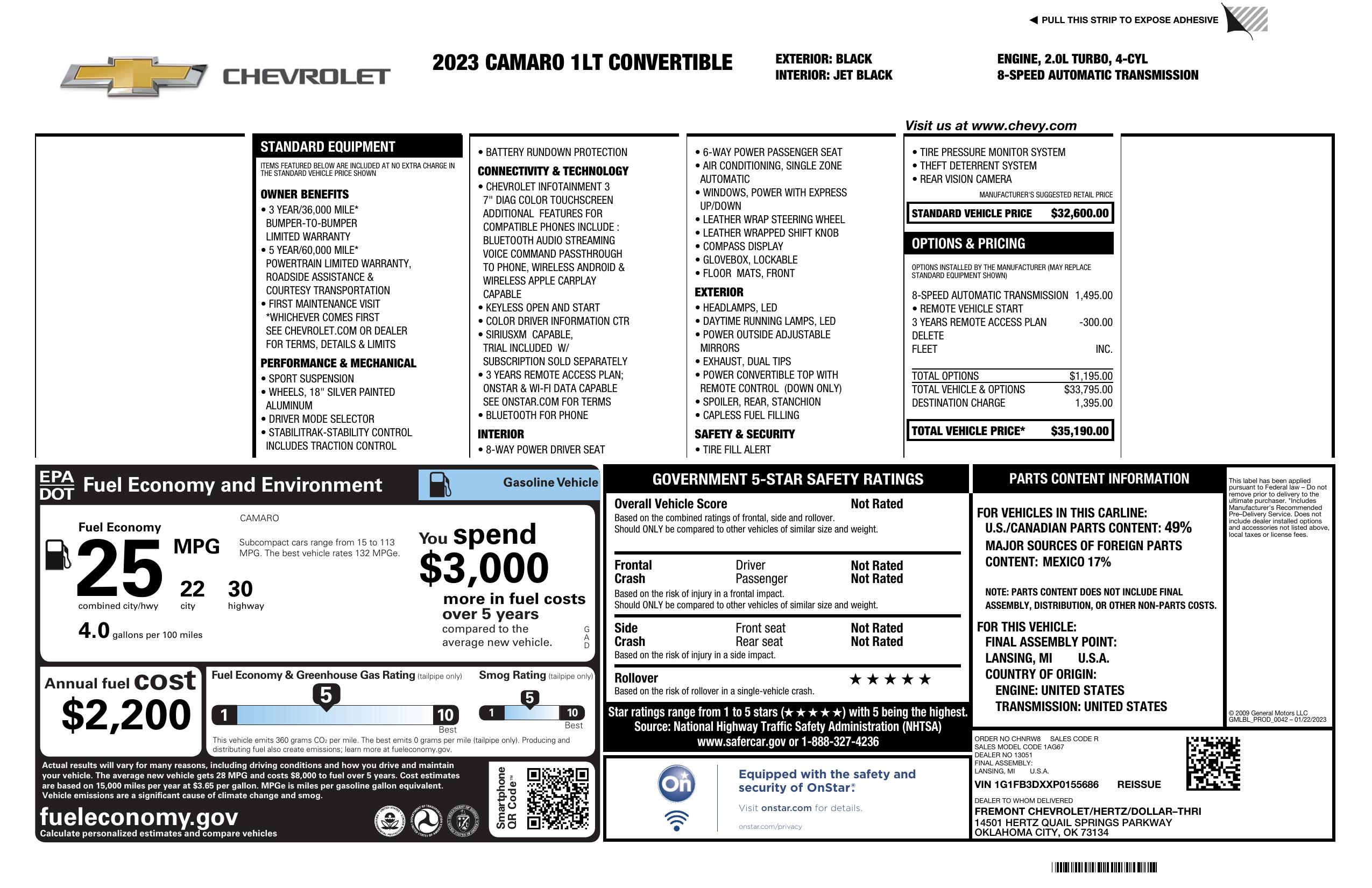 Window Sticker for 2023 Chevrolet Camaro 2dr Conv 1 Lt