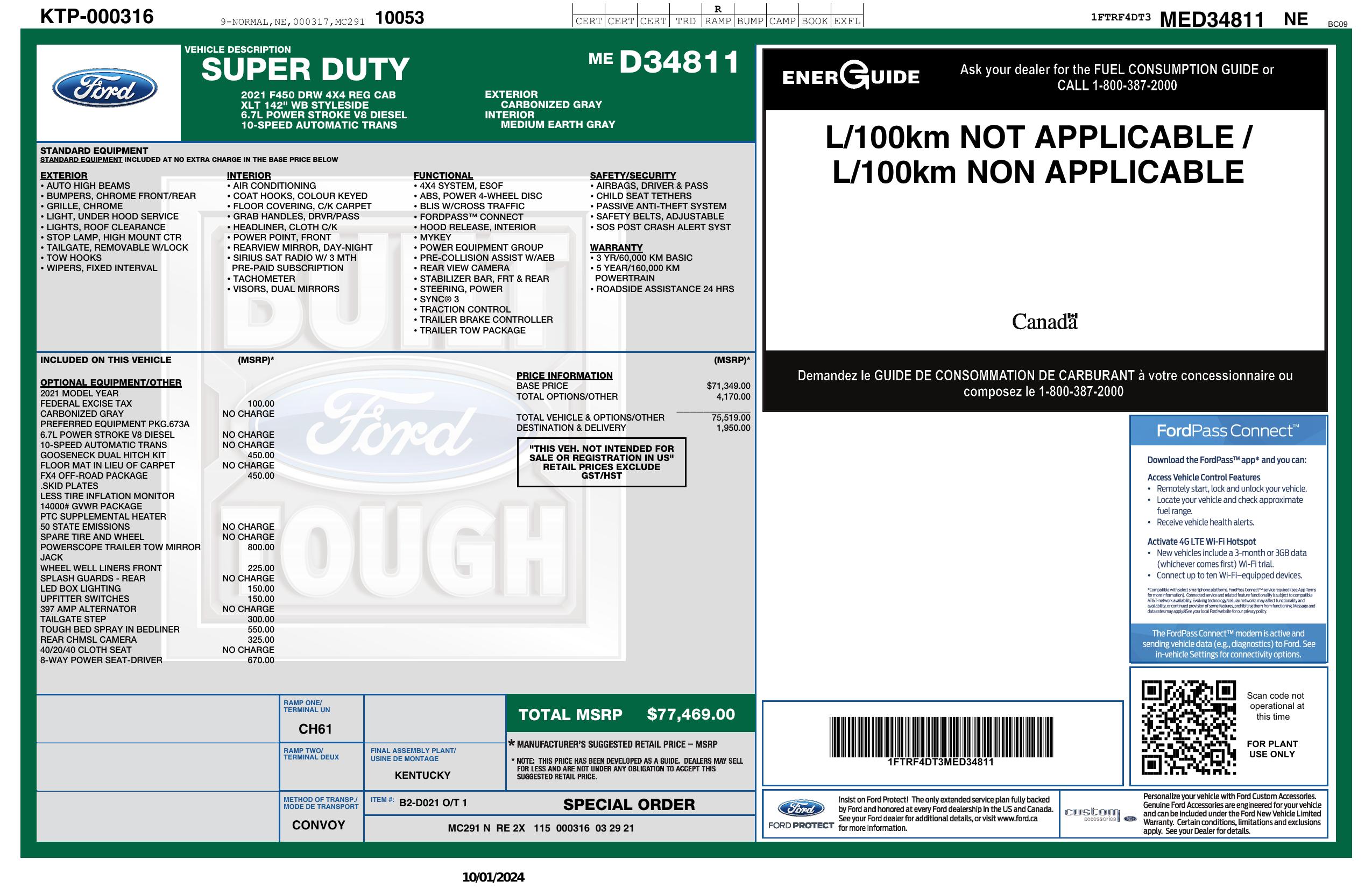 Window Sticker for 2021 Ford Super Duty F 450 Drw 4 Wd Reg Cab 8' Box