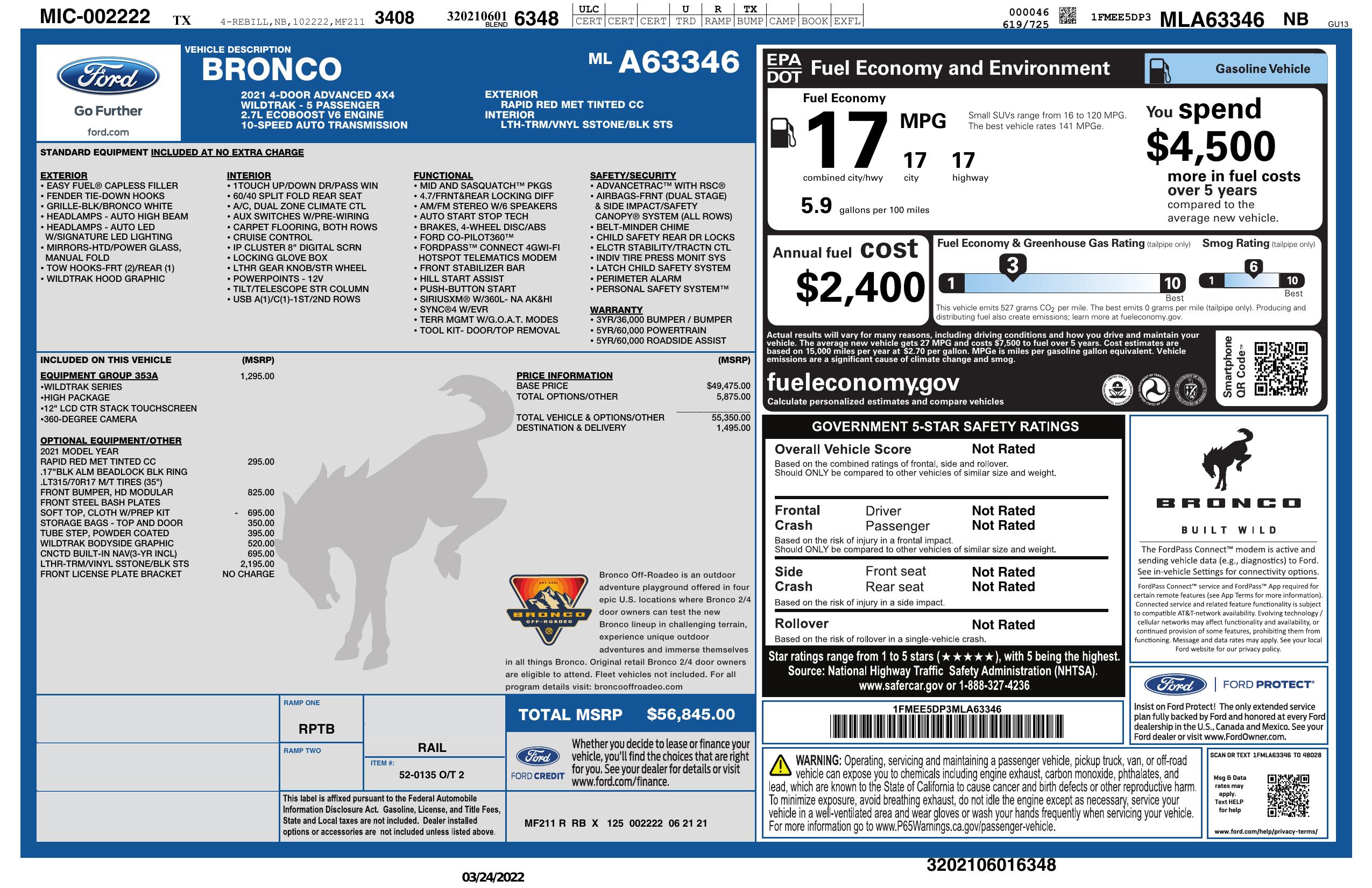 Window Sticker for 2021 Ford Bronco 4 Door Advanced 4x4