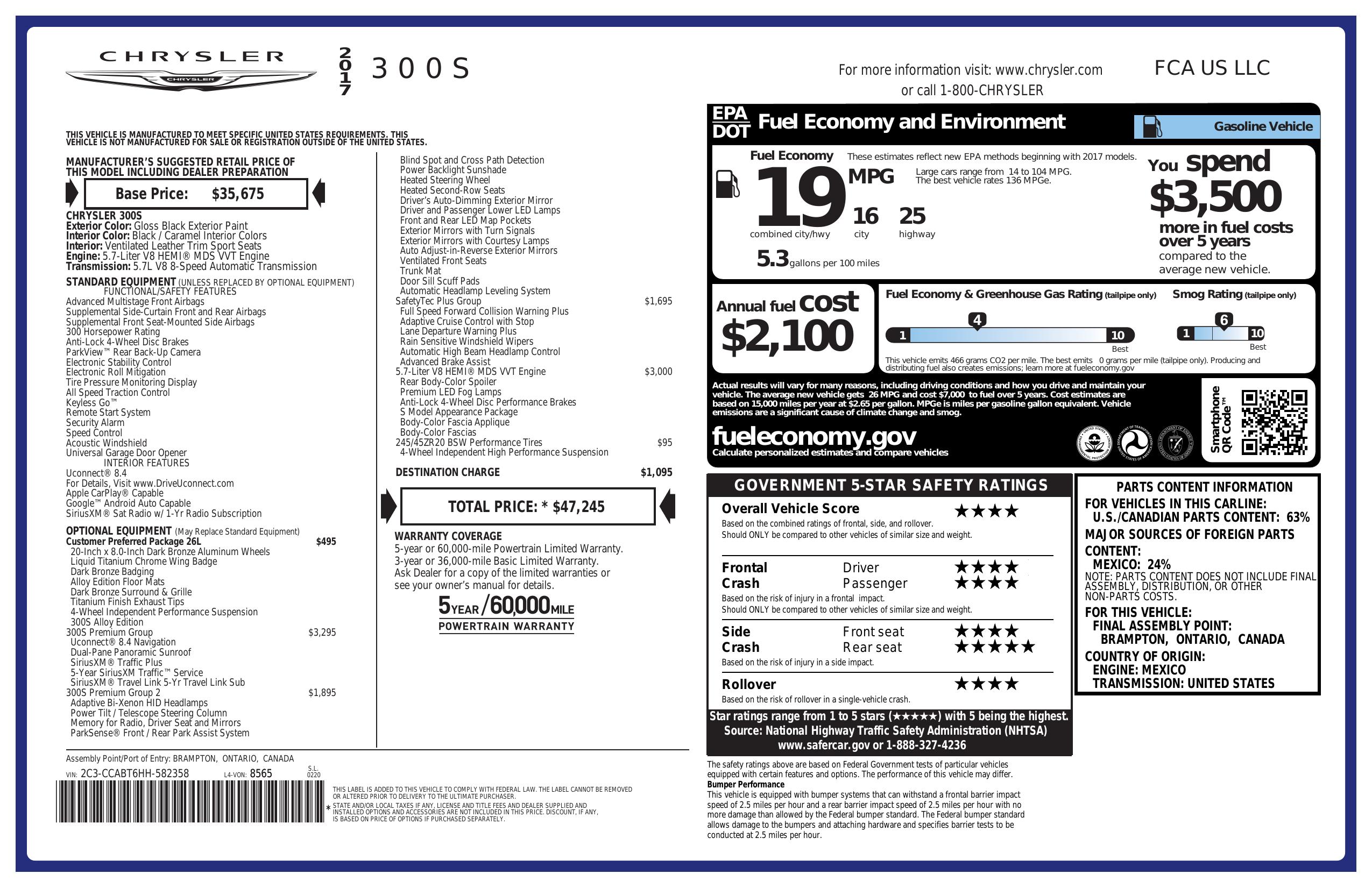 Window Sticker for 2017 Chrysler 300 300 S Alloy Edition Rwd