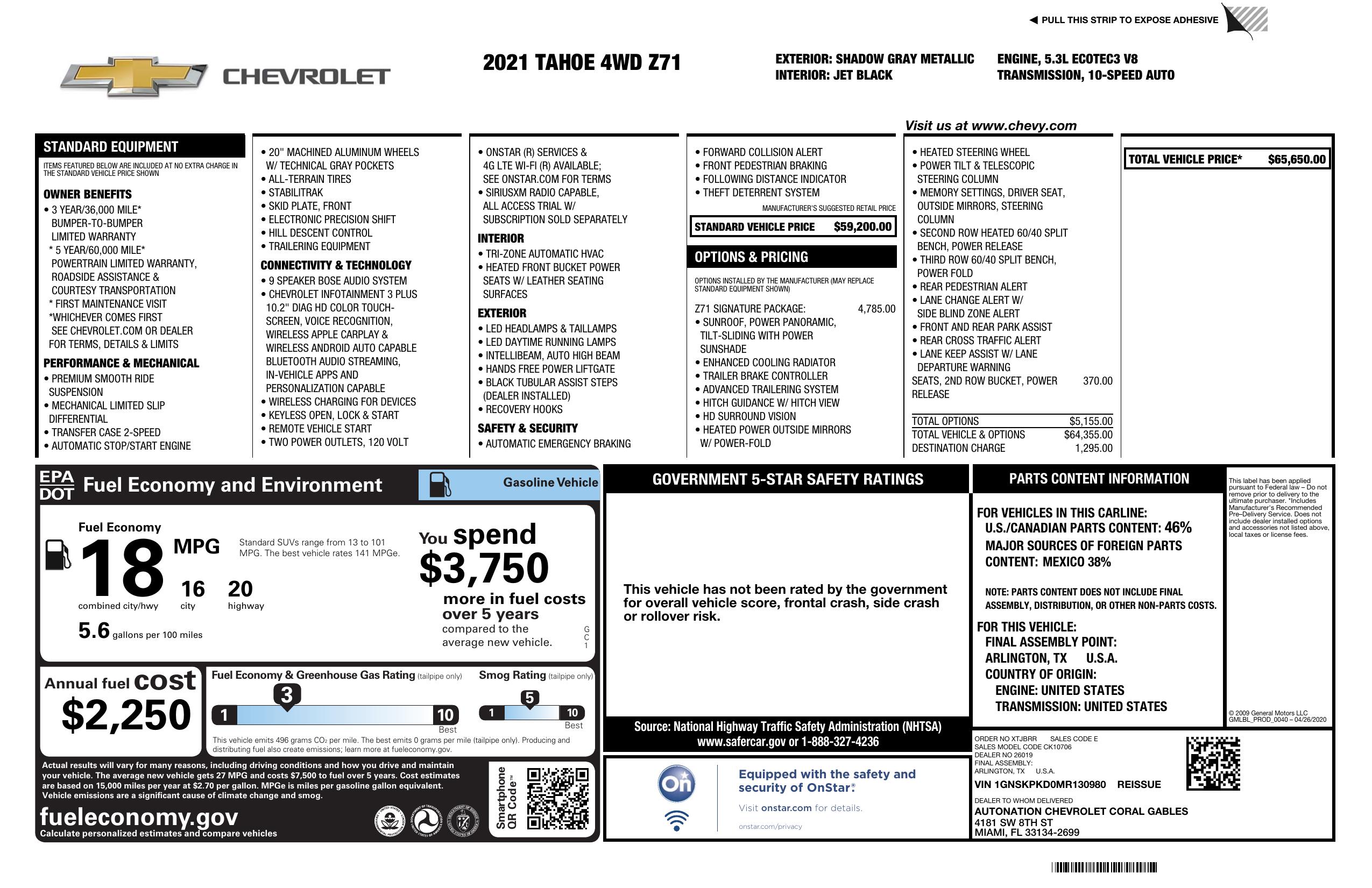 Window Sticker for 2021 Chevrolet Tahoe 4 Wd 4dr Z71