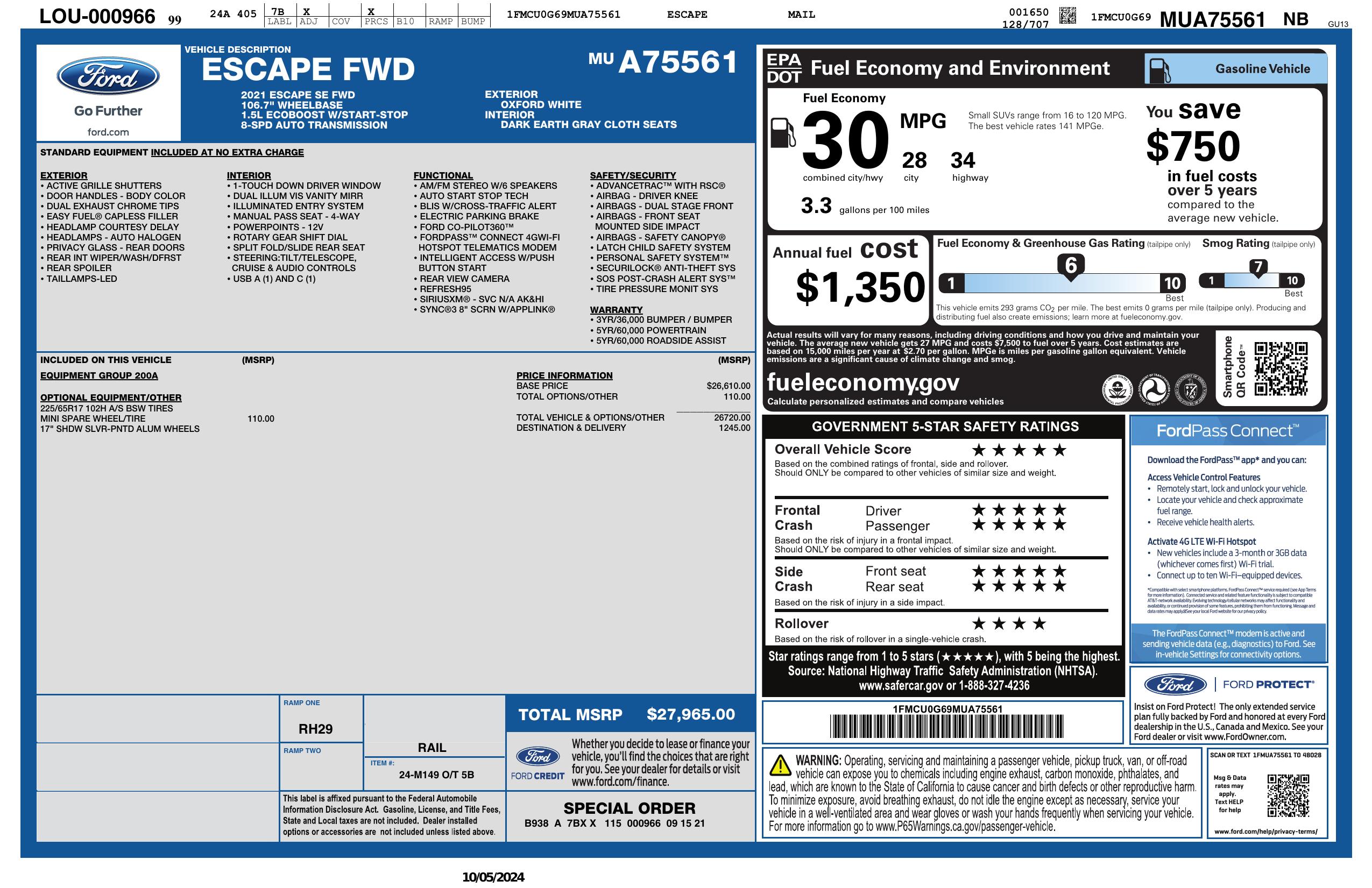 Window Sticker for 2021 Ford Escape Se Fwd