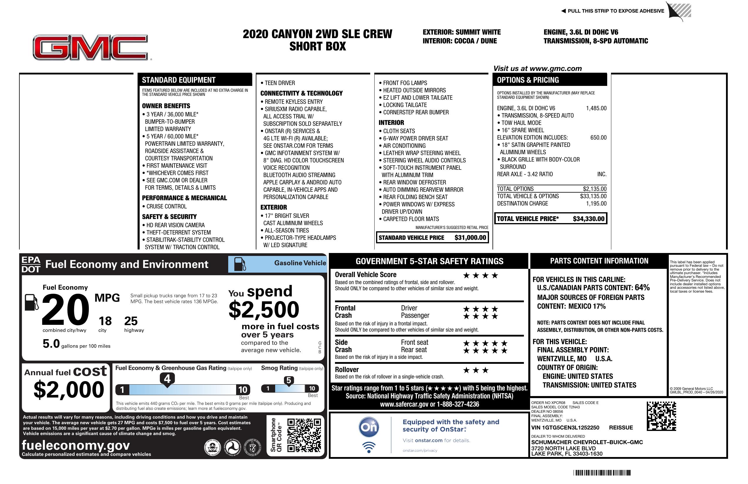 Window Sticker for 2020 GMC Canyon 2 Wd Crew Cab 128" Sle