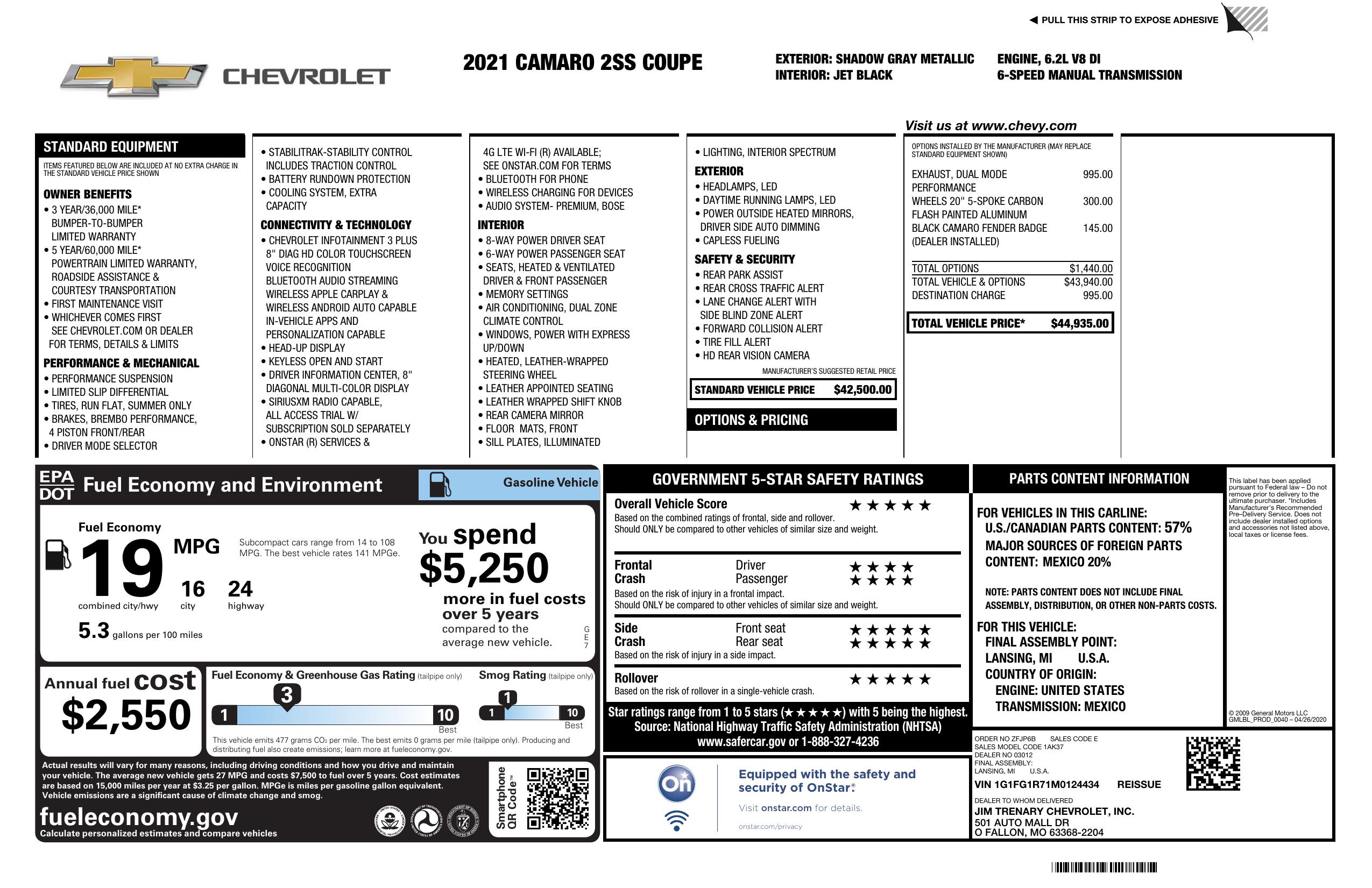 Window Sticker for 2021 Chevrolet Camaro 2dr Cpe 2 Ss